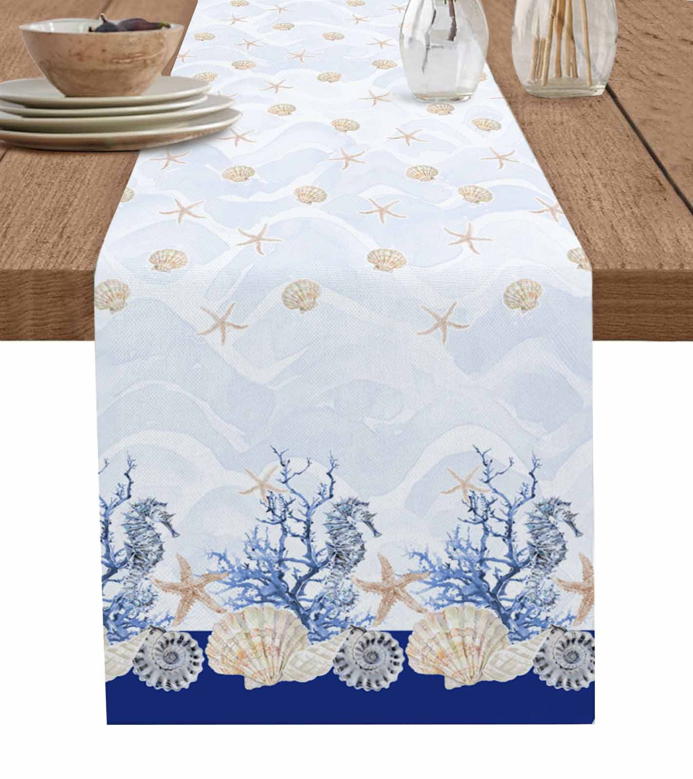 Blue Coastal Shell Burlap Cotton Table Runner 13x108 Inches Long ...
