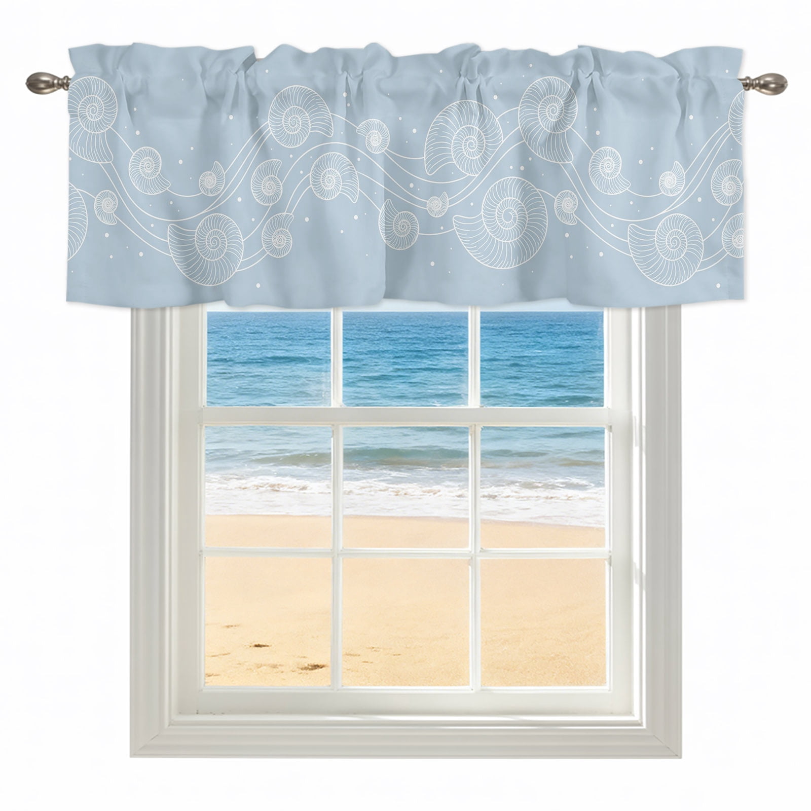 Blue Coastal Shell Conch Valances for Windows, Rod Pocket Kitchen ...