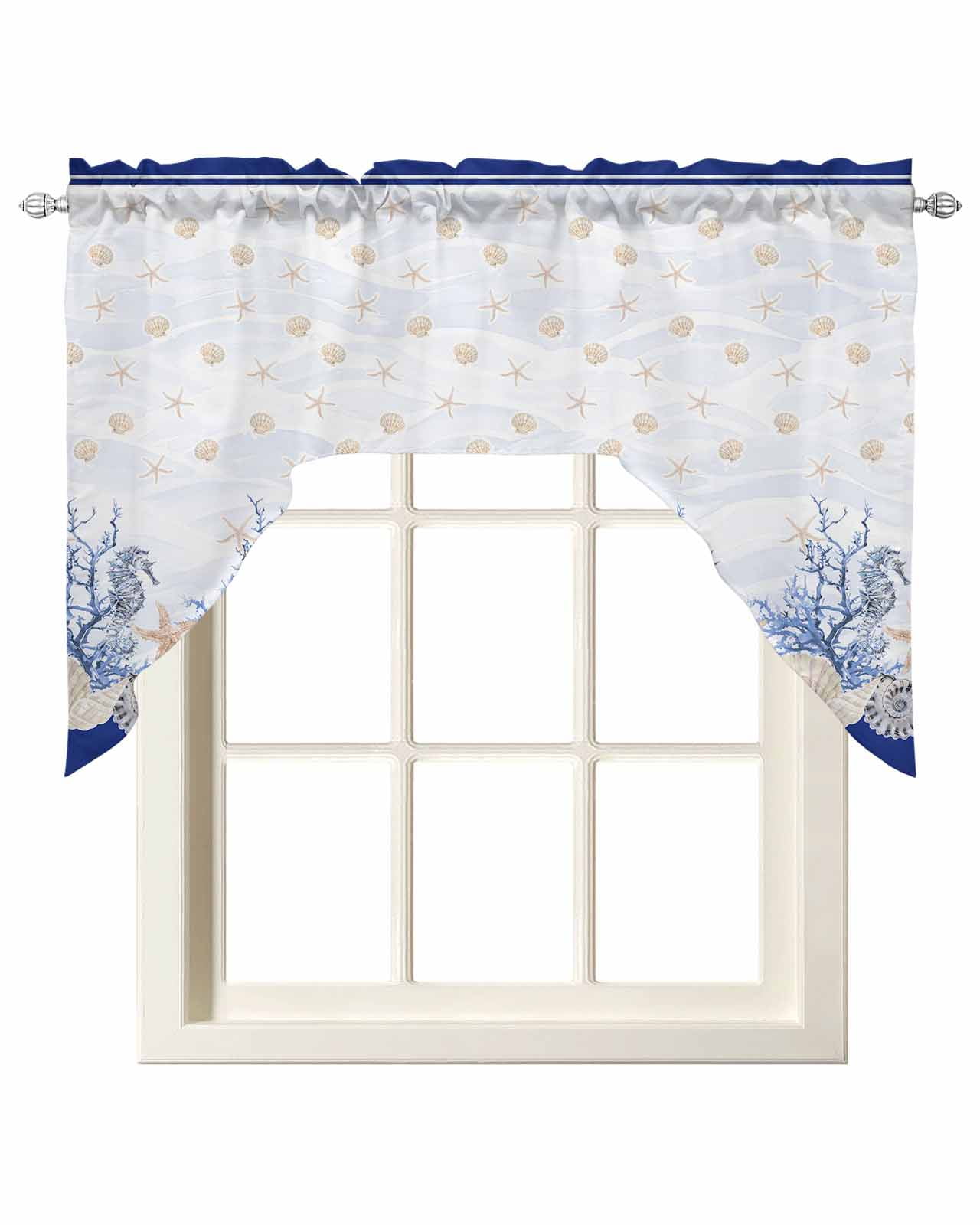 Blue Coastal Shell Kitchen Swag Valances for Windows, Nautical Starfish ...