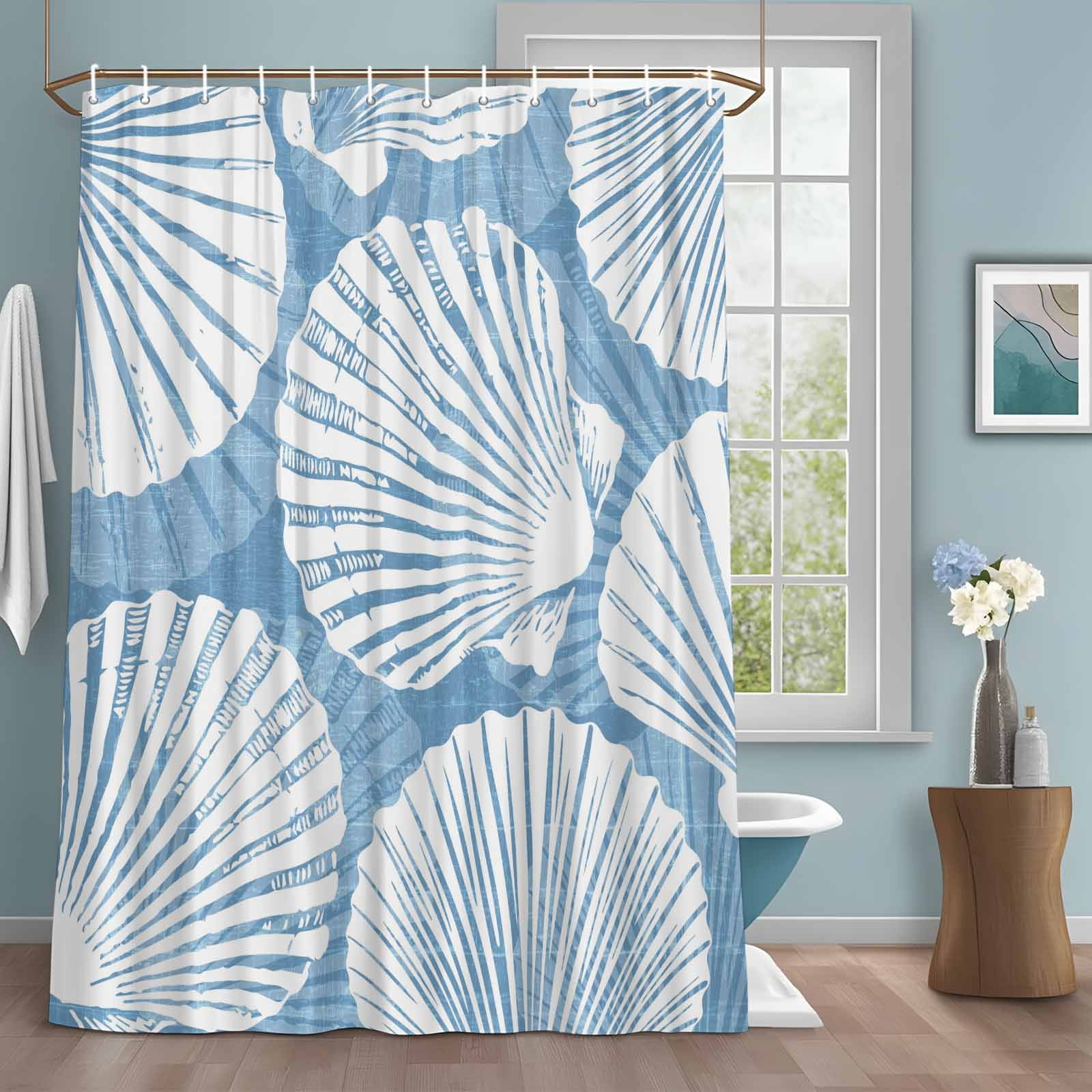 Blue Coastal Shell Shower Curtain with Hooks, Ocean Life Nautical ...