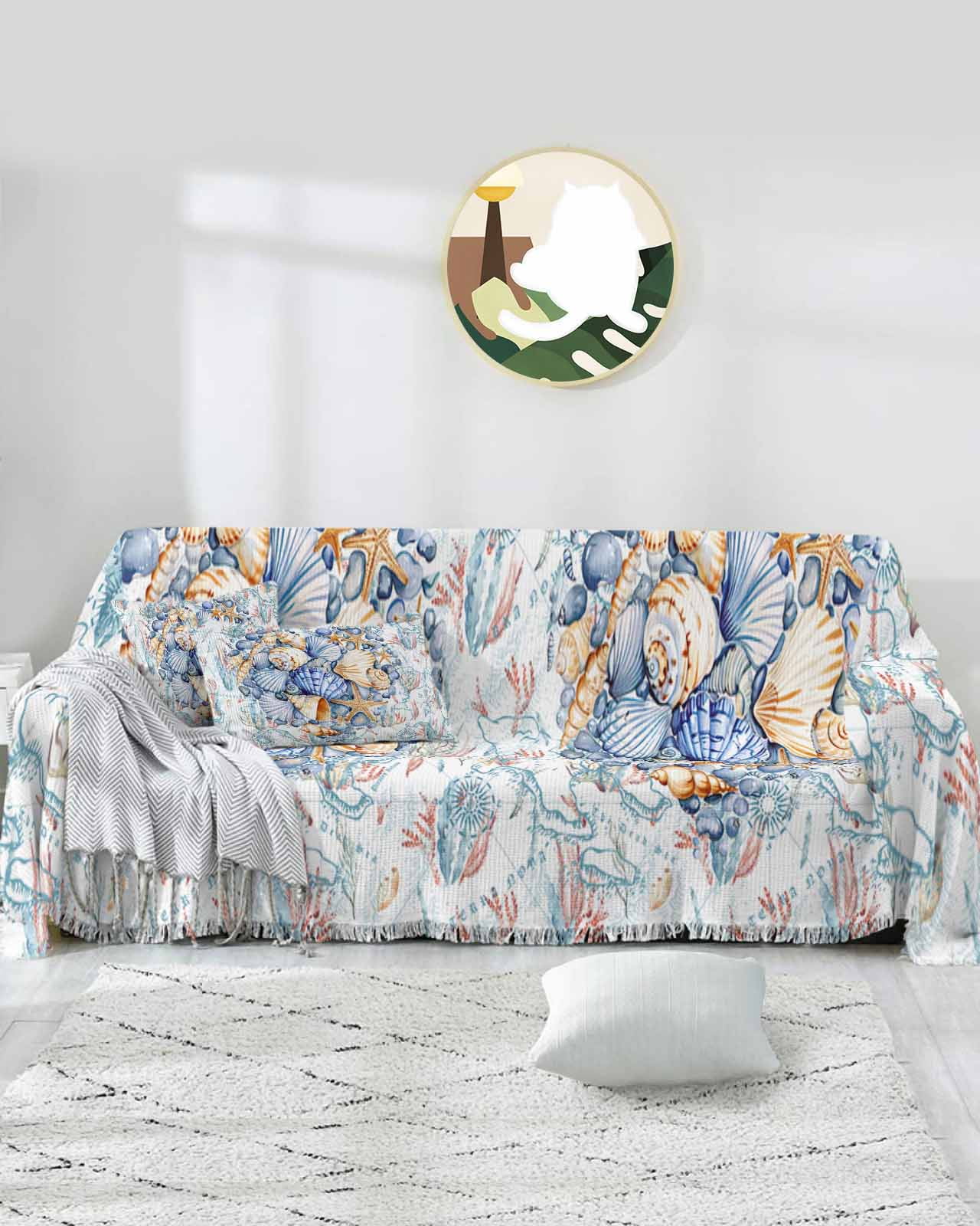 Blue Coastal Shell Sofa Covers for 3 Cushion Couch,Washable Sectional ...