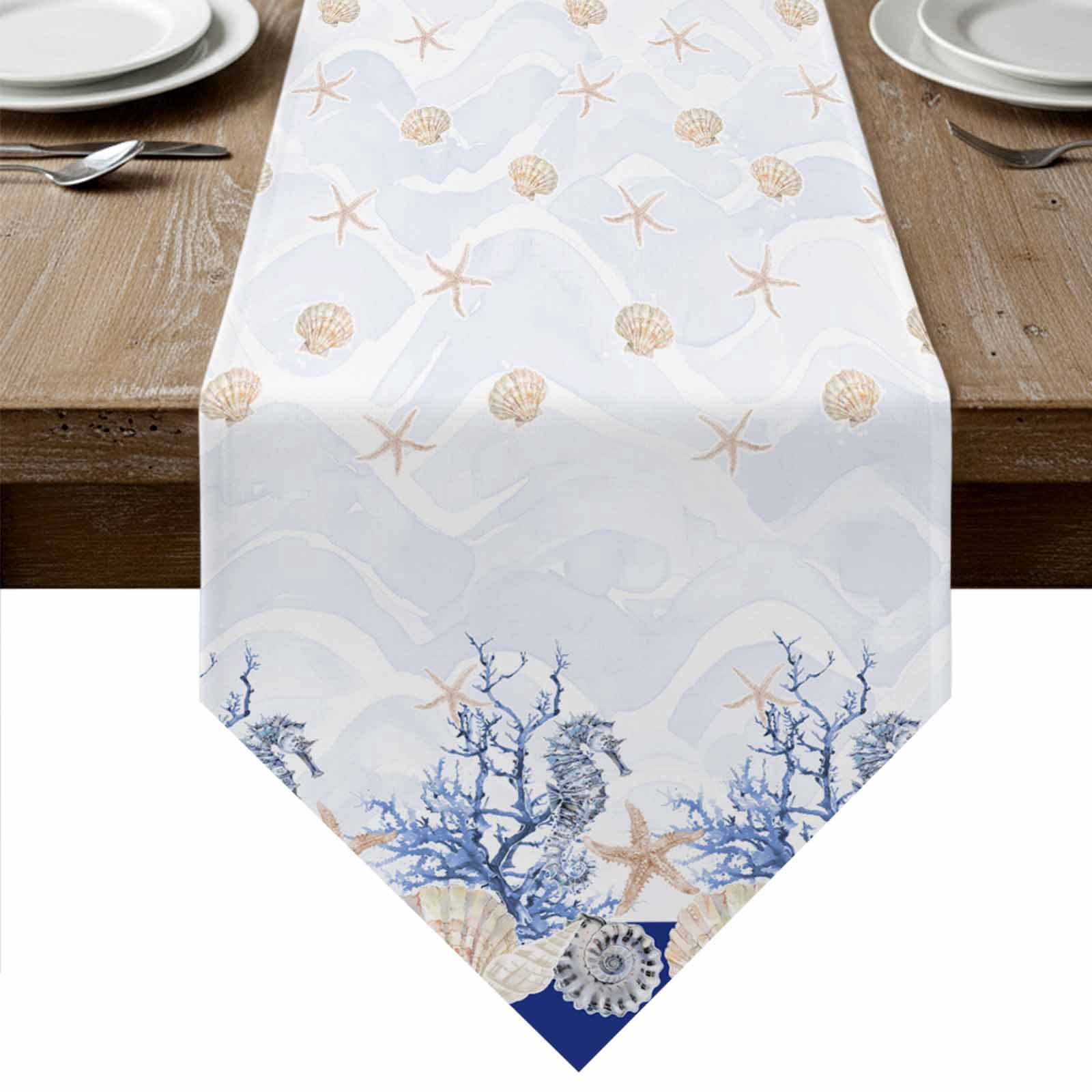 Blue Coastal Shell Table Runner Linen Burlap Table Runner 72 Inches ...