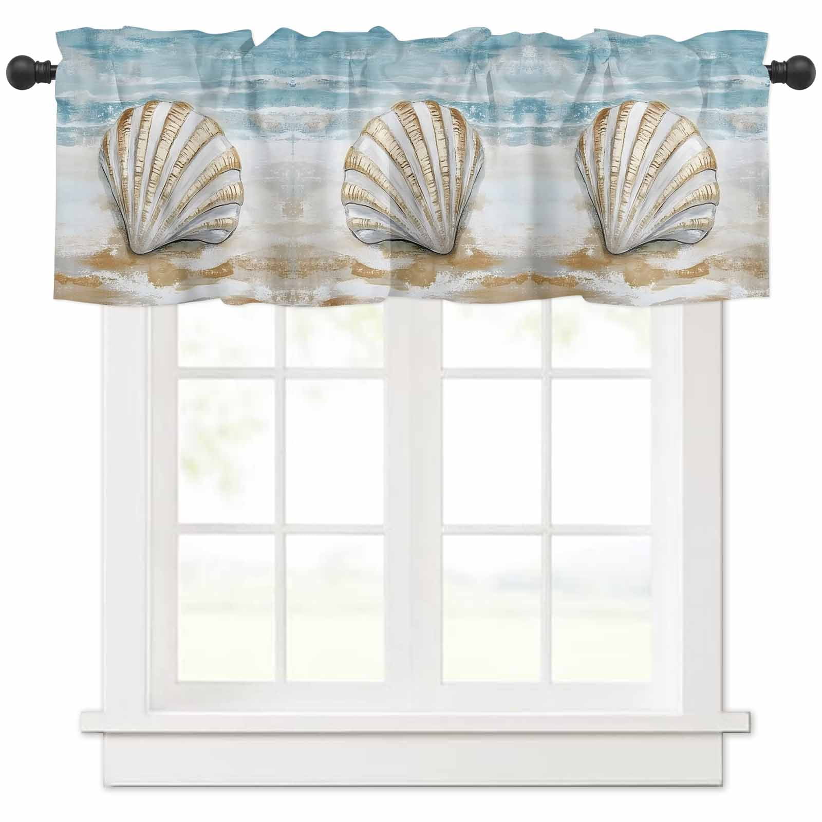 Blue Coastal Shell Valances for Windows Farmhouse Kitchen Curtains ...