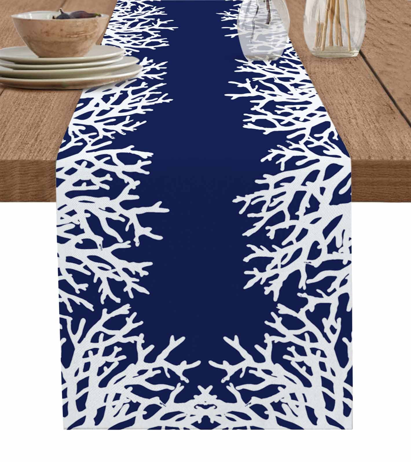 Blue Coastal Short Table Runners 48 Inches, Cotton Linen Fabric Table ...