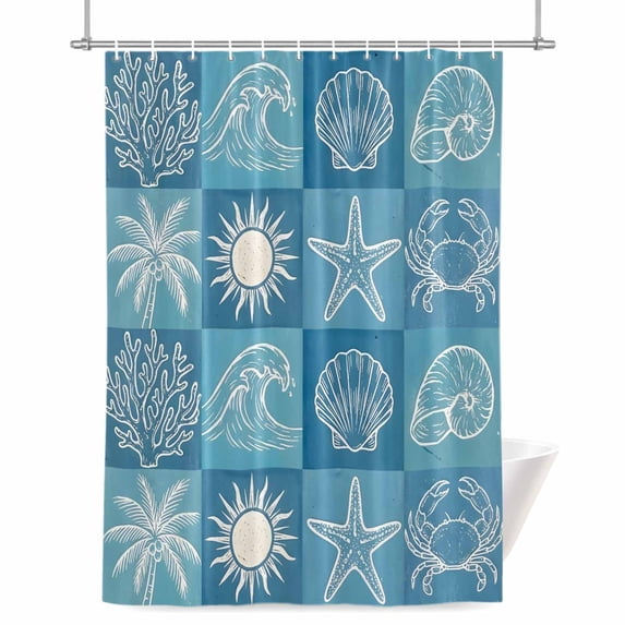 Blue Coastal Shower Curtain, Summer Ocean Waves Shell Crab Coconut Tree ...