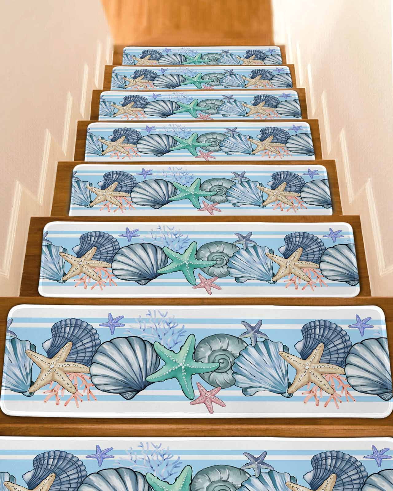 Blue Coastal Stair Treads for Wooden Steps Indoor Runner Rug Carpet ...