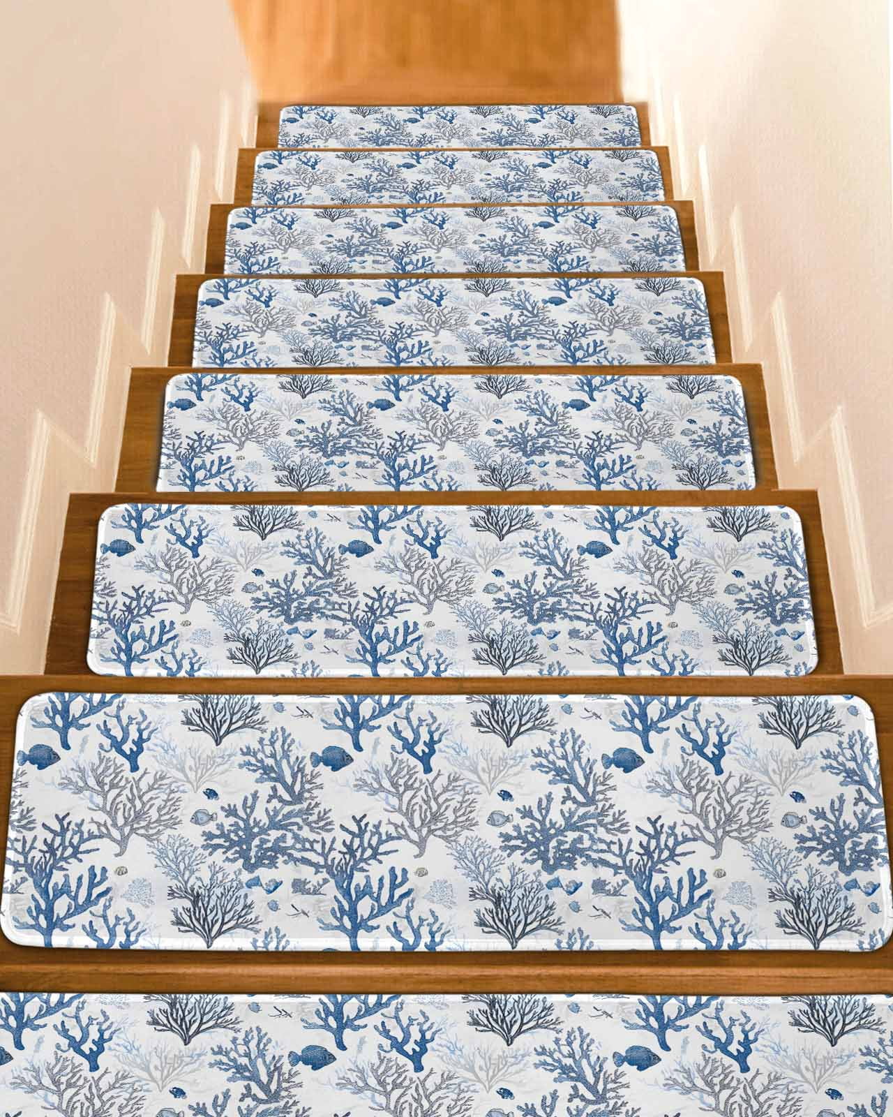 Blue Coastal Stair Treads for Wooden Steps Indoor Runner Rug Carpet ...