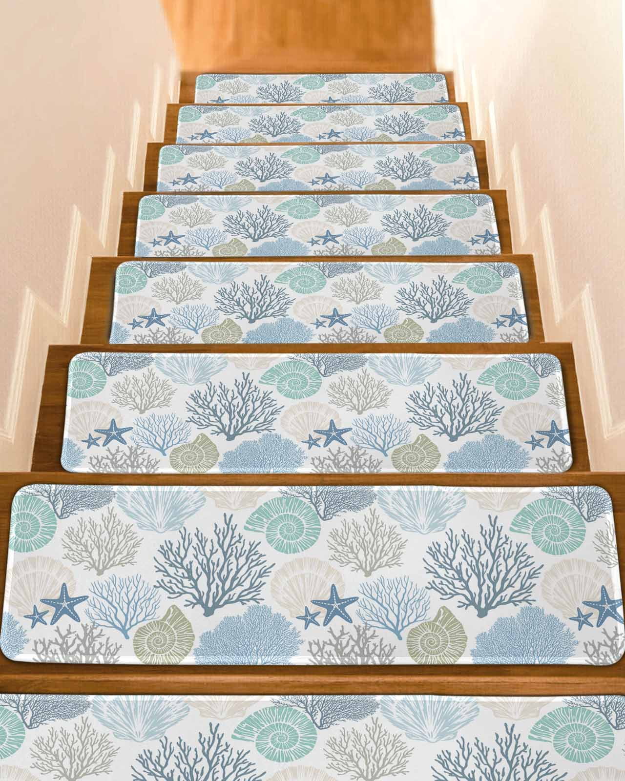 Blue Coastal Stair Treads for Wooden Steps Indoor Runner Rug Carpet ...