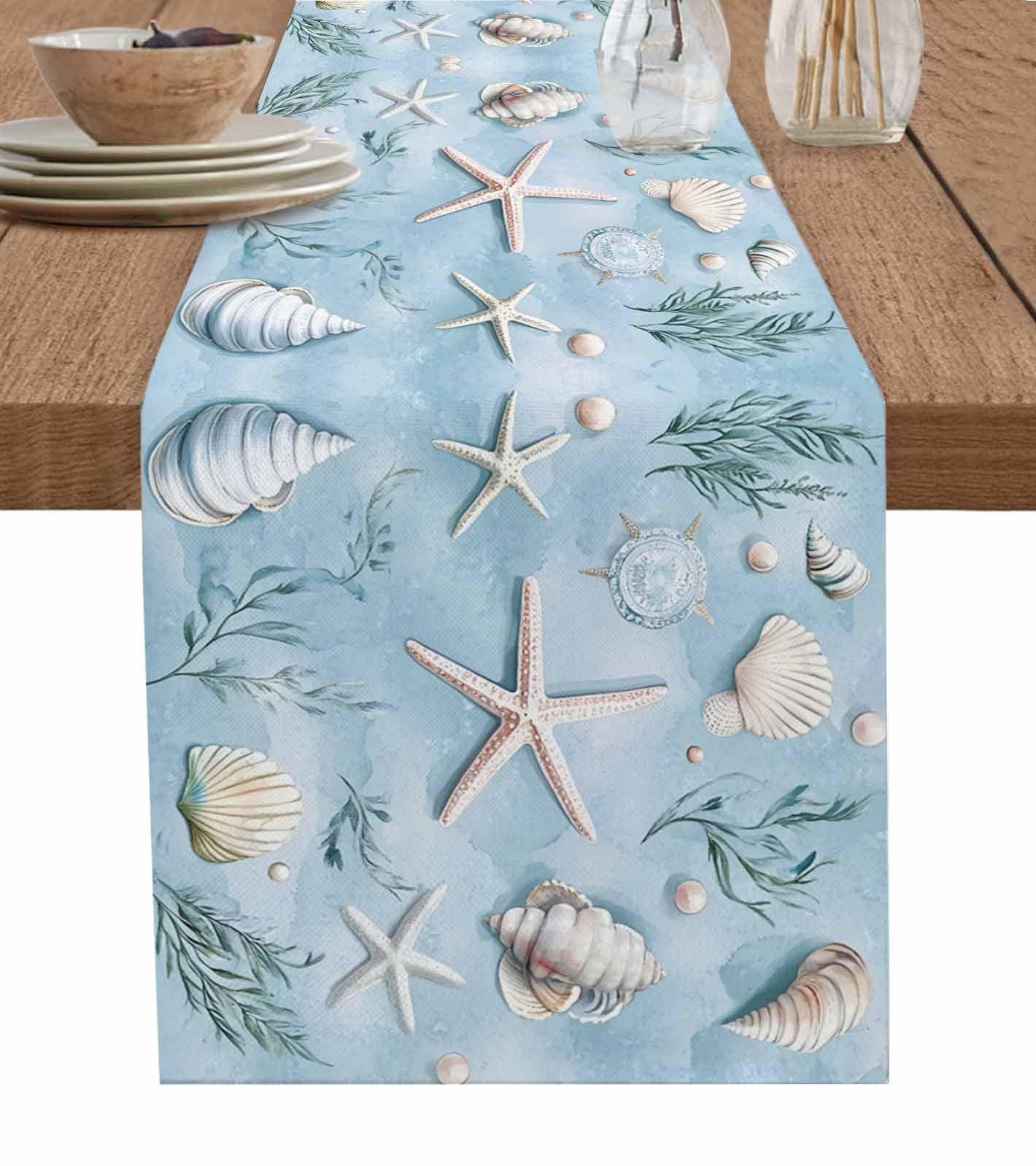 Blue Coastal Starfish Burlap Cotton Table Runner 13x70 Inches Long ...