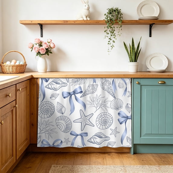 Blue Coastal Starfish Cabinet Curtains 11"Wx13"L, Seashells Coral ...