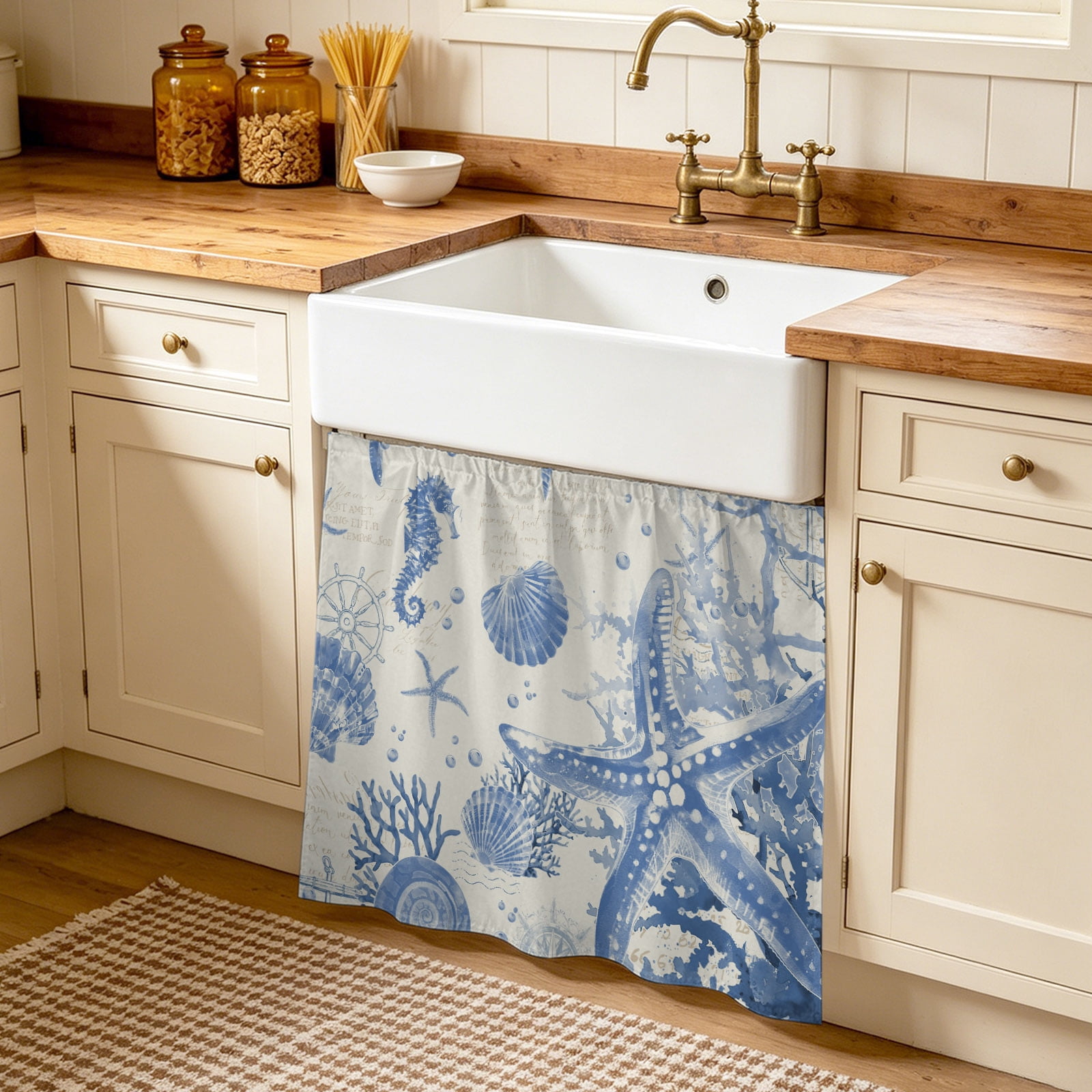 Blue Coastal Starfish Cabinet Curtains 35"W x 35"L, Beach Ocean ...