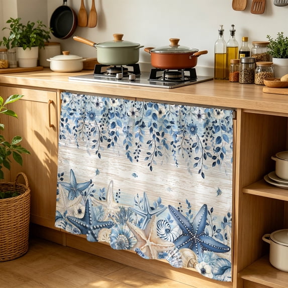 Blue Coastal Starfish Cabinet Curtains 35''x35'', Beach Nautical Shell ...