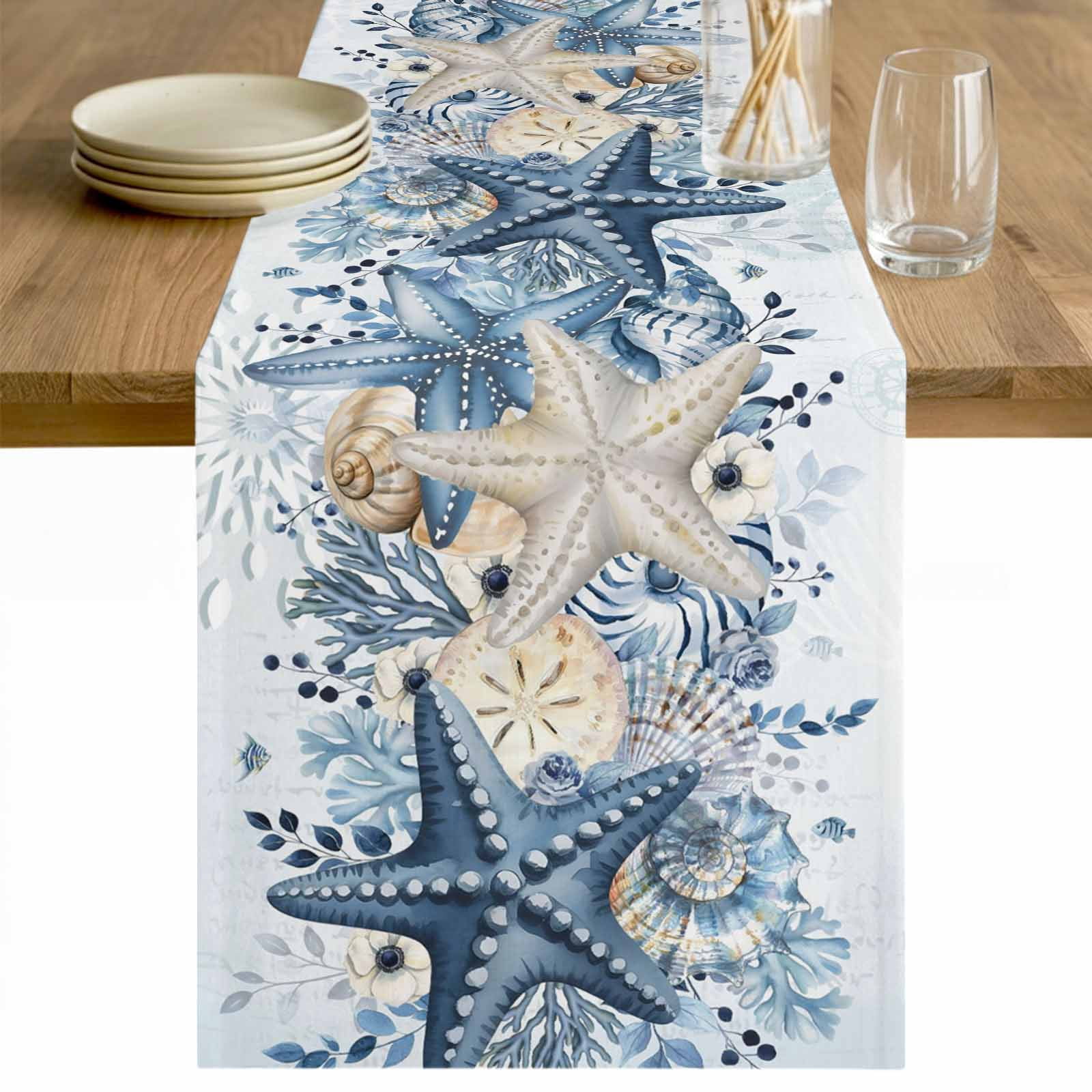 Blue Coastal Starfish Cotton Linen Rectangle Table Runners 13"x70 ...