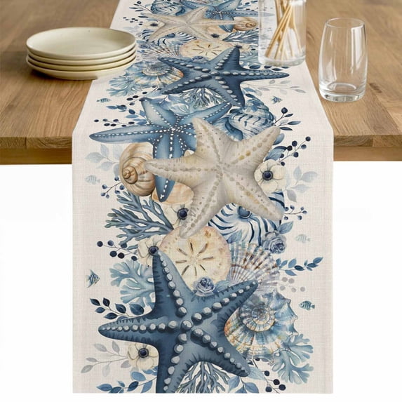 Blue Coastal Starfish Cotton Linen Rectangle Table Runners 13"x70 ...