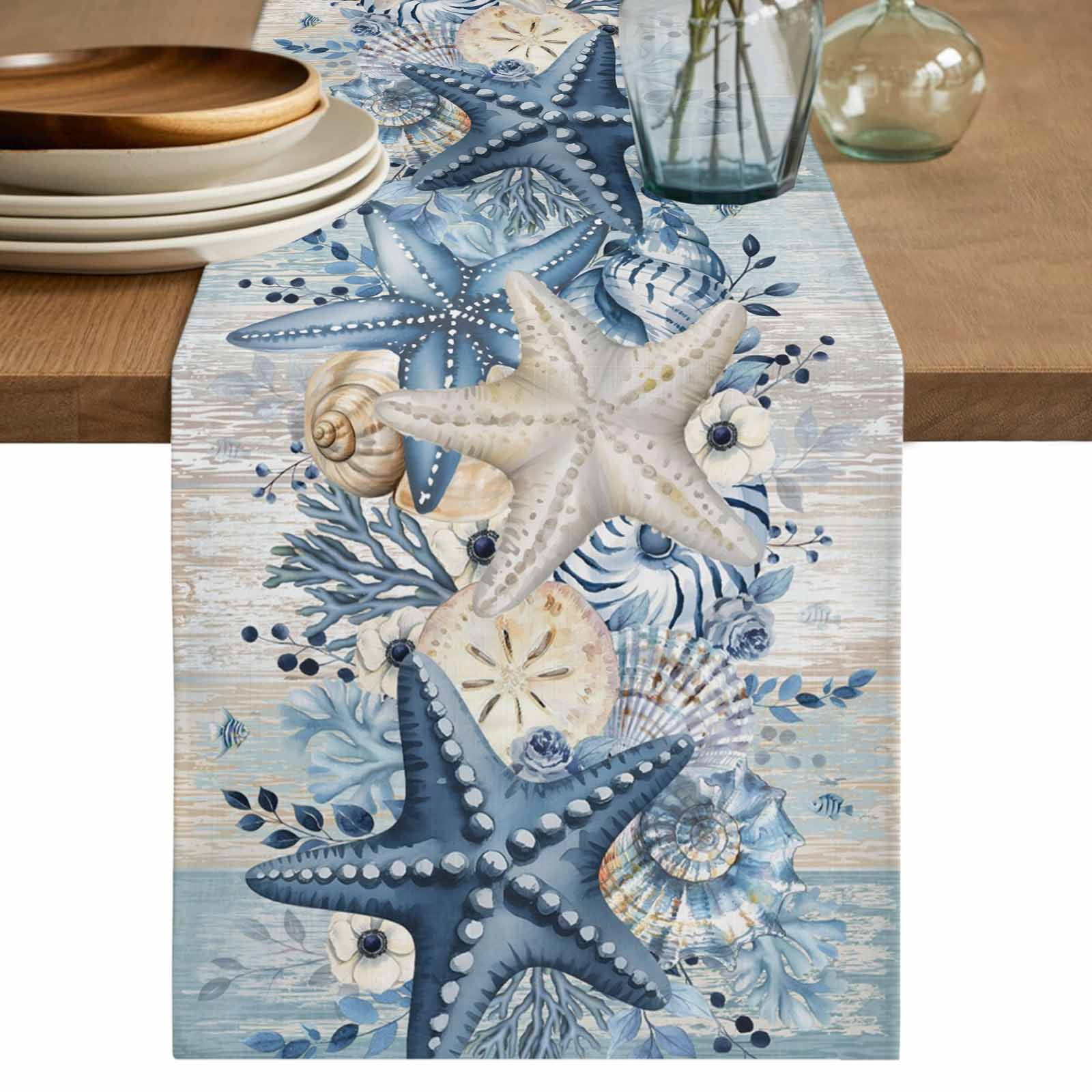 Blue Coastal Starfish Cotton Linen Table Runner for Dining Kitchen ...