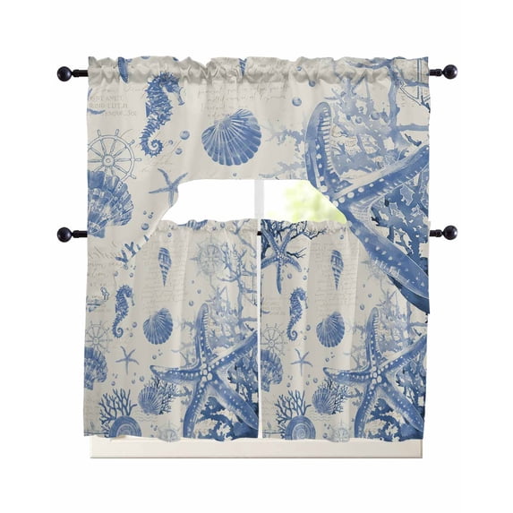 Blue Coastal Starfish Kitchen Curtain and Valance Set 3 Pieces,Rod ...