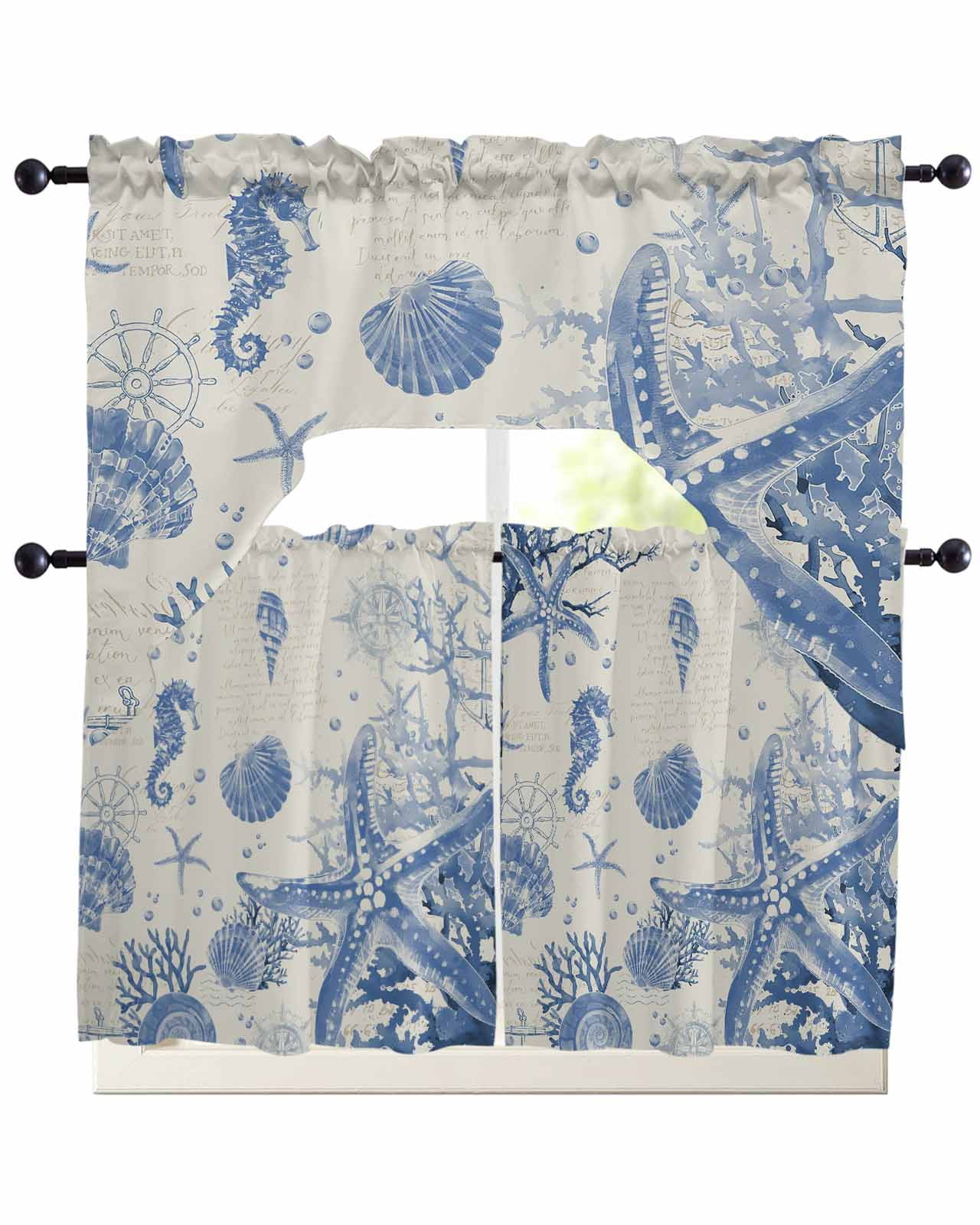 Blue Coastal Starfish Kitchen Curtains Sets 24 Inch Length with Valance ...