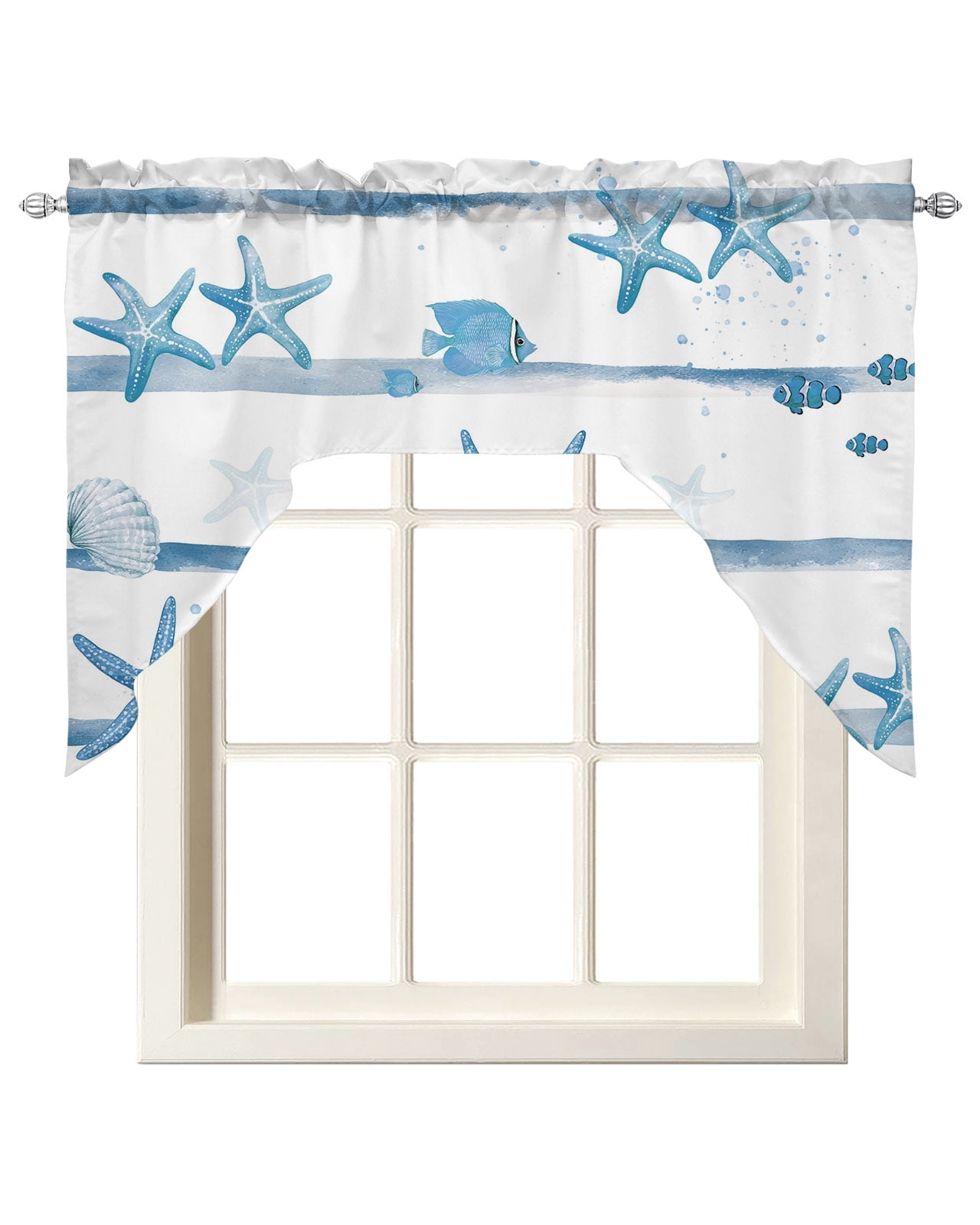 Blue Coastal Starfish Kitchen Swag Valances for Windows, Summer Conch ...