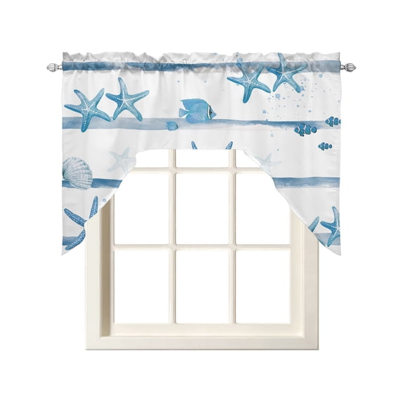 Blue Coastal Starfish Kitchen Swag Valances for Windows, Summer Conch ...