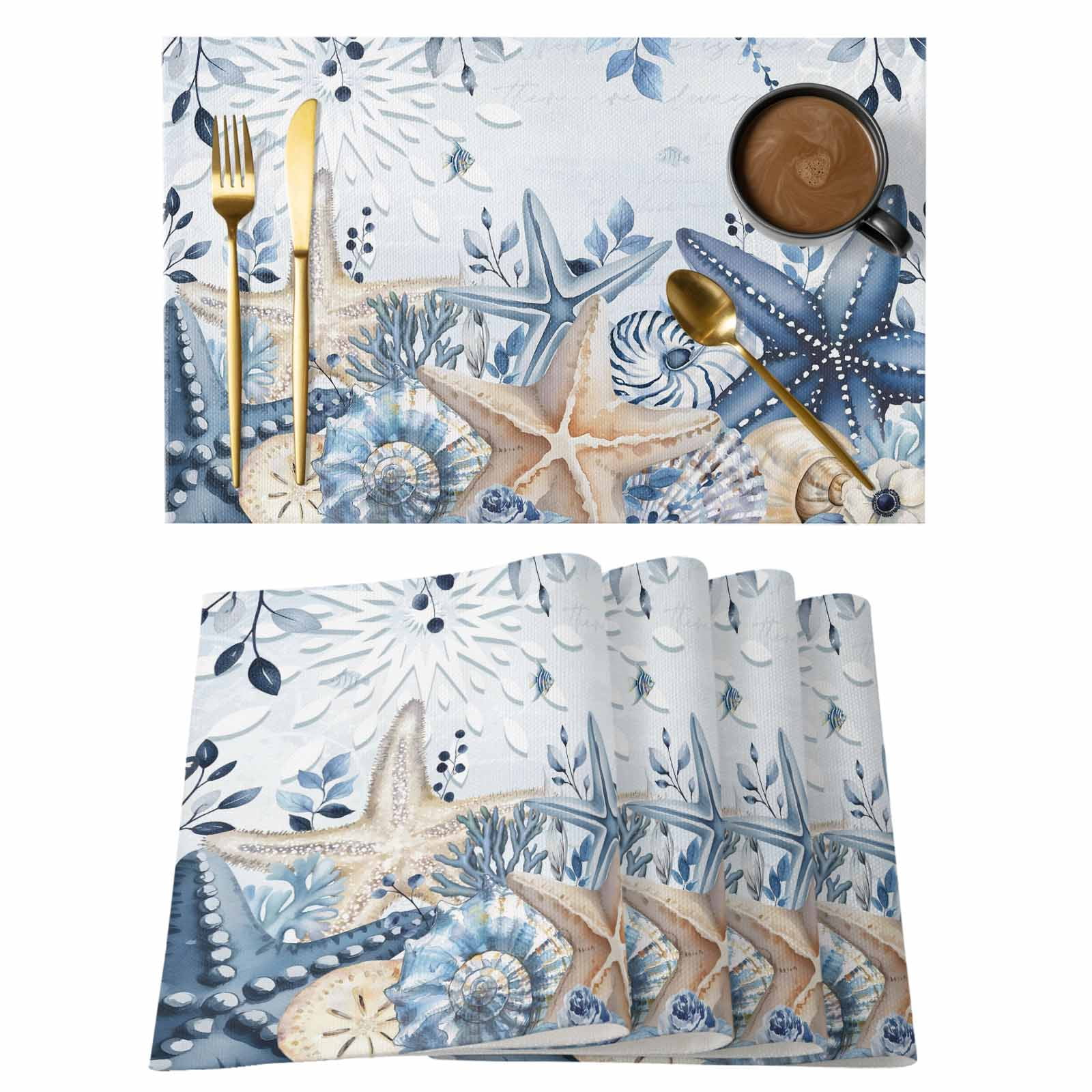 Blue Coastal Starfish Placemats Set of 8 Beach Nautical Shell ...