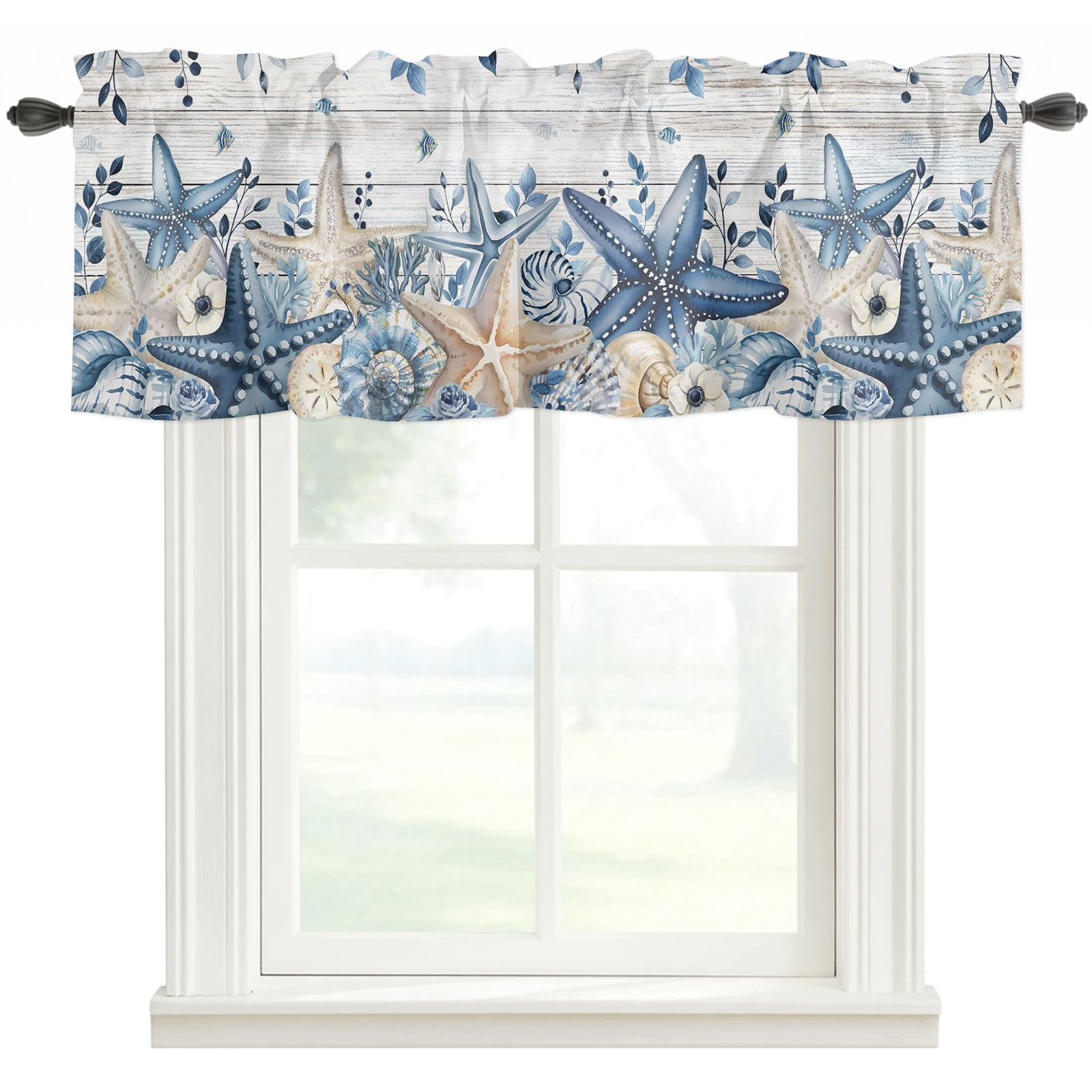 Blue Coastal Starfish Rod Pocket Curtain Valance, Beach Nautical Shell ...