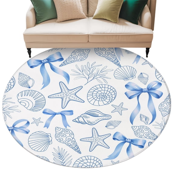 Blue Coastal Starfish Round Living Room Rugs 8 ft, Seashells Coral ...