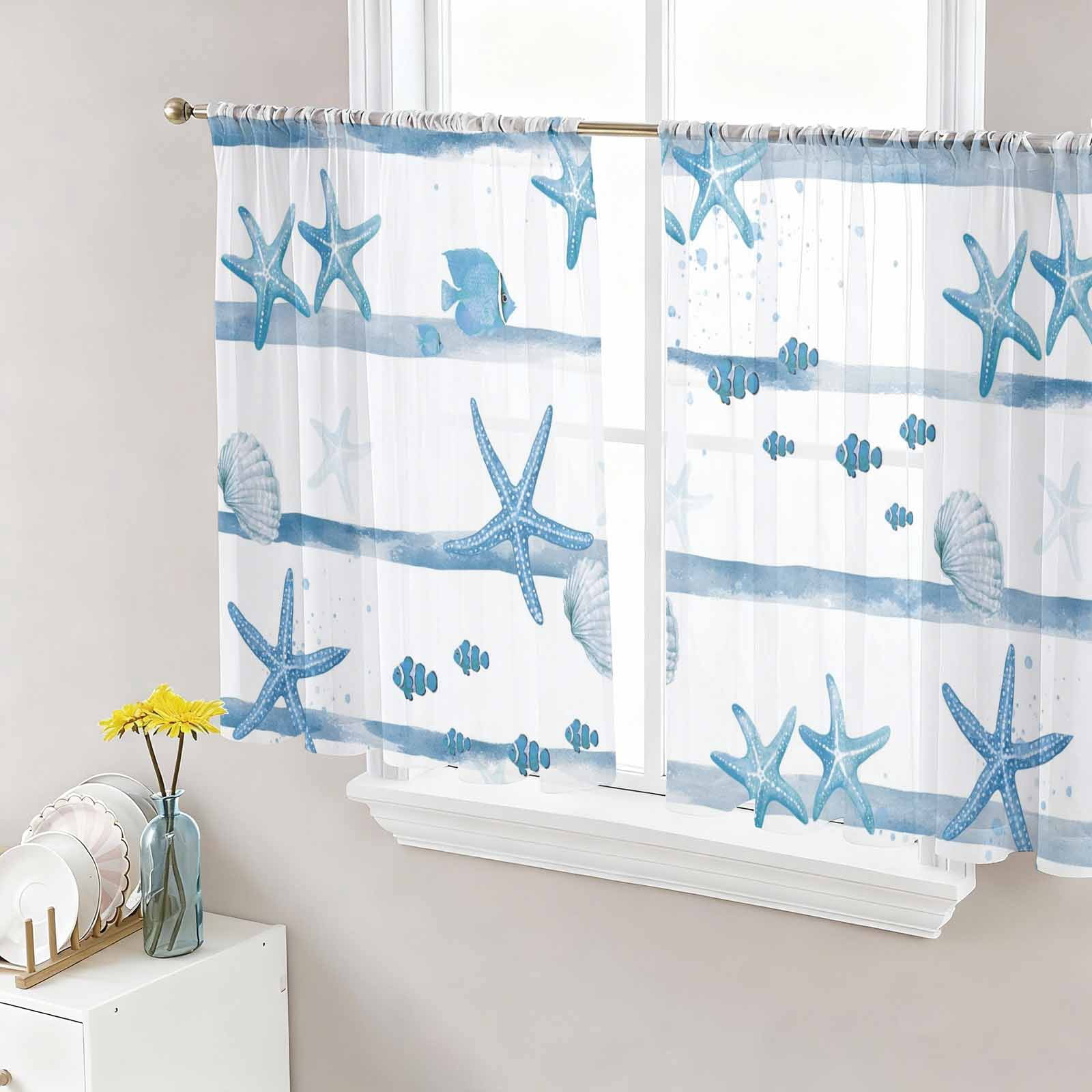 Blue Coastal Starfish Semi Sheer Curtains 45 Inch Length 2 Panels Set ...