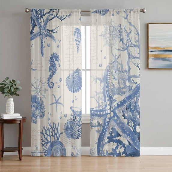 Blue Coastal Starfish Sheer Curtains 72 Inch Length 2 Panels Set, Beach ...