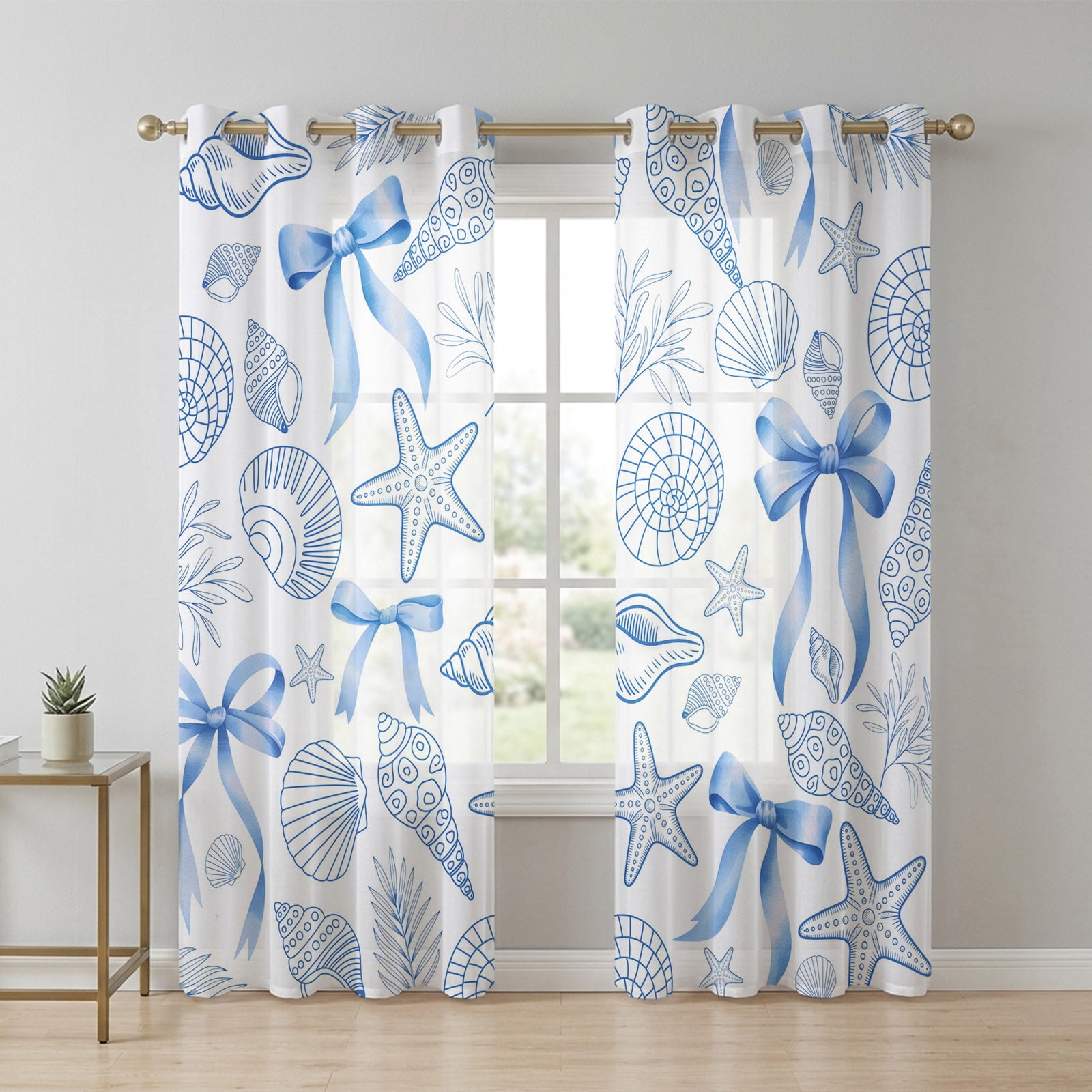 Blue Coastal Starfish Sheer Curtains 72 Inch Long 2 Panels, Seashells ...