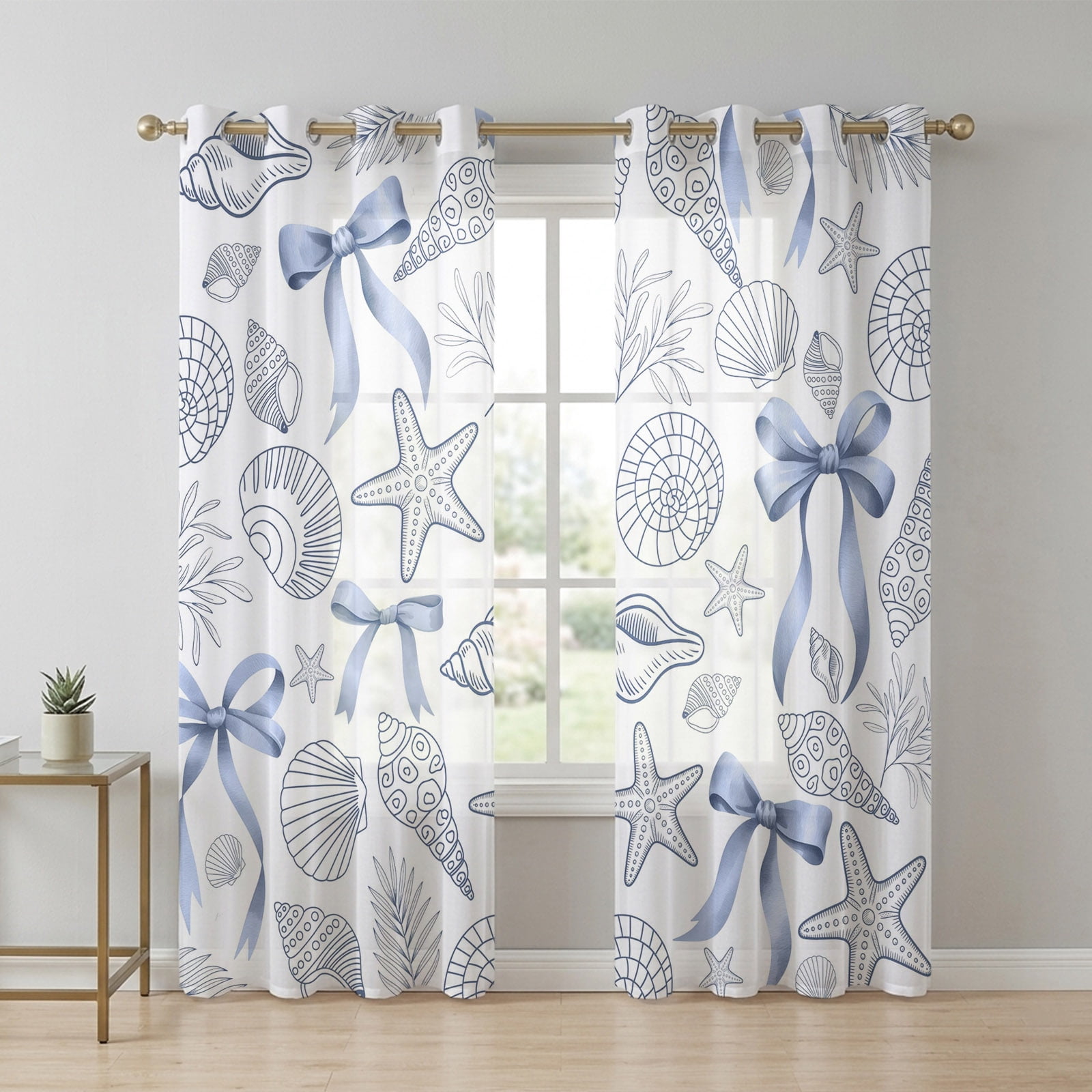Blue Coastal Starfish Sheer Curtains 84 Inch Long 2 Panels, Seashells ...