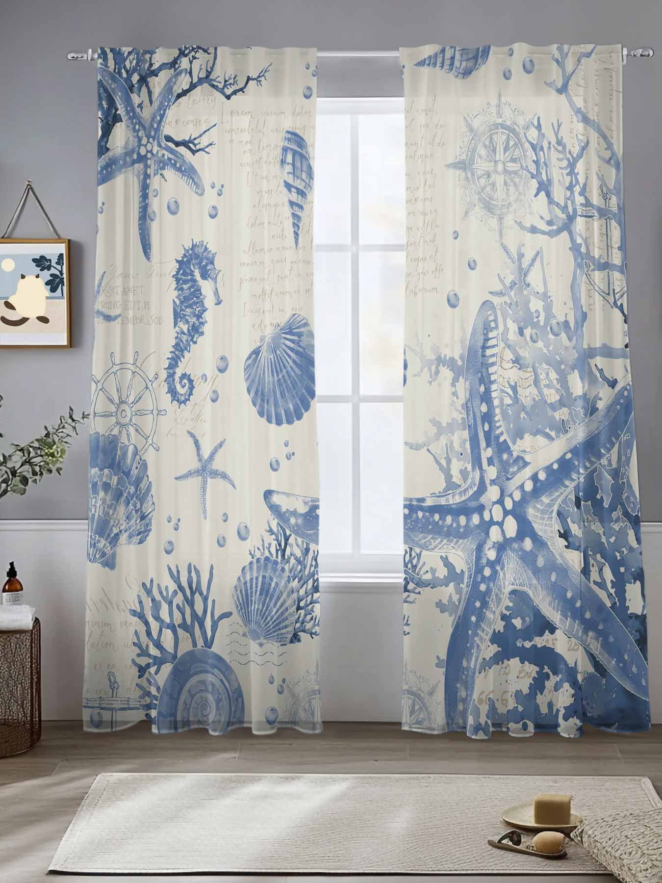 Blue Coastal Starfish Sheer Curtains for Living Room Bedroom Beach ...