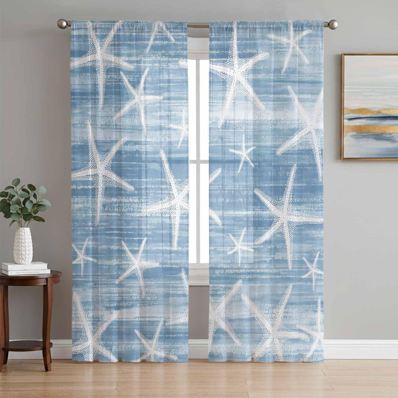 Blue Coastal Starfish Sheer Curtains for Living Room Bedroom Nautical ...