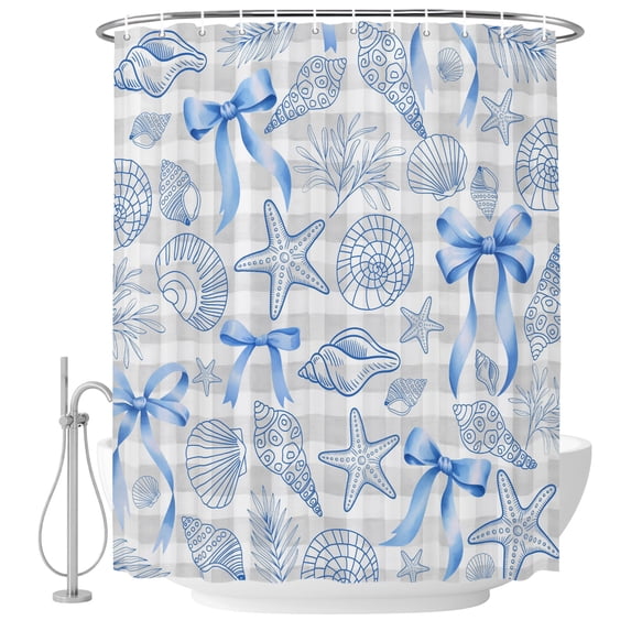 Blue Coastal Starfish Shower Curtain Set with Hooks, Seashells Coral ...