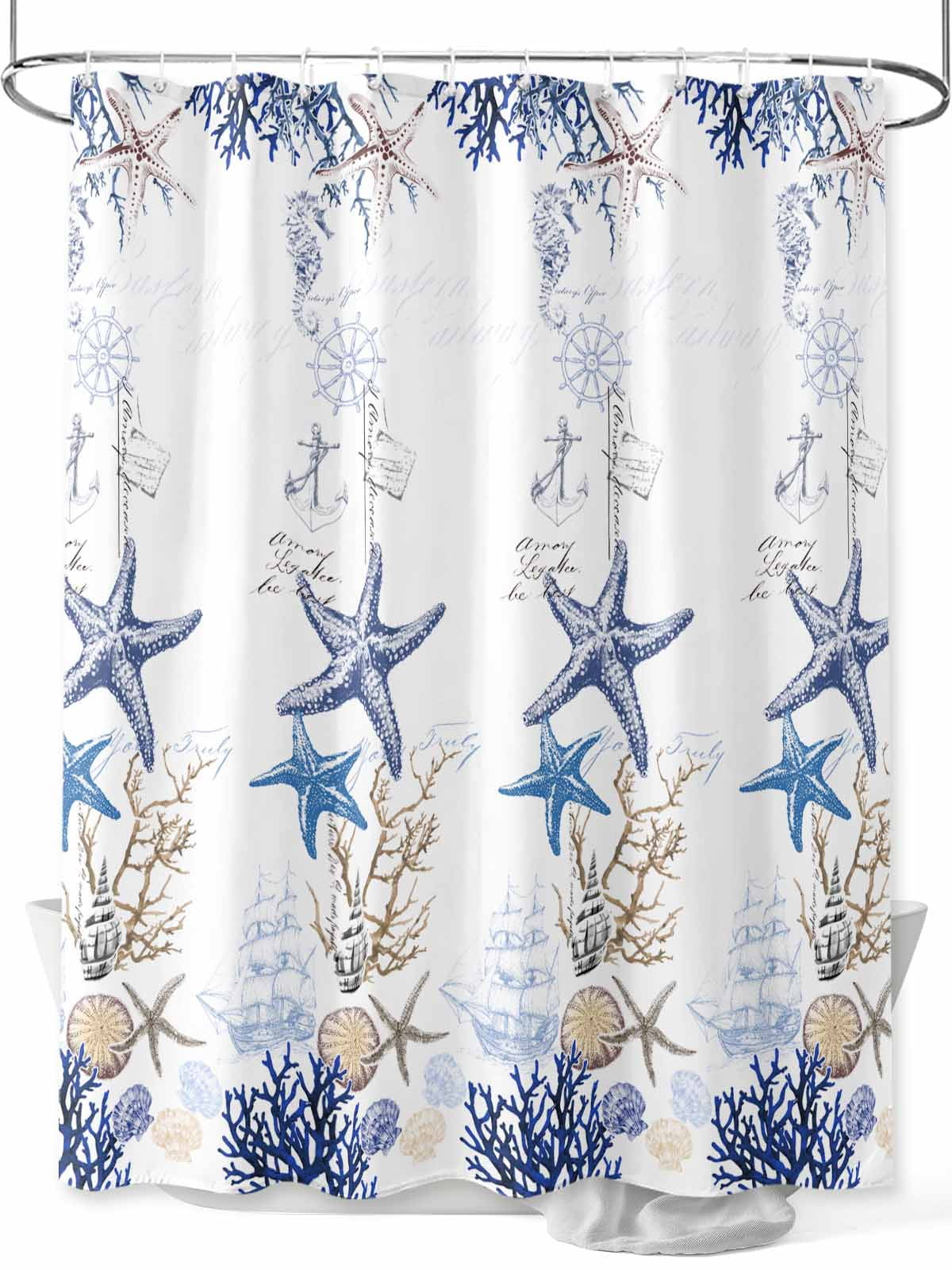Blue Coastal Starfish Shower Curtain, Vintage Coral Starfish Pattern ...