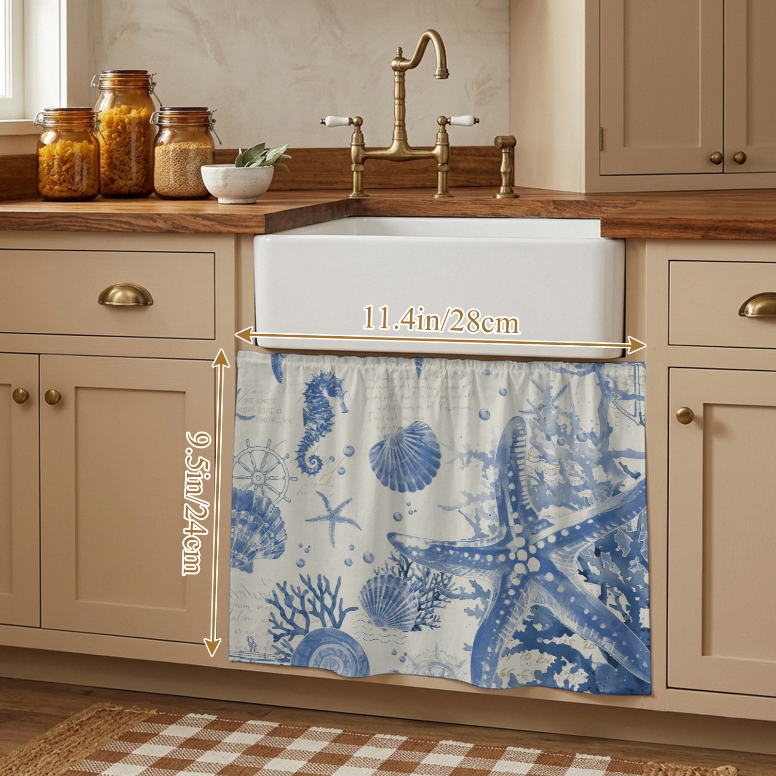 Blue Coastal Starfish Small Cabinet Curtains 10"W x 11"L, Beach Ocean ...