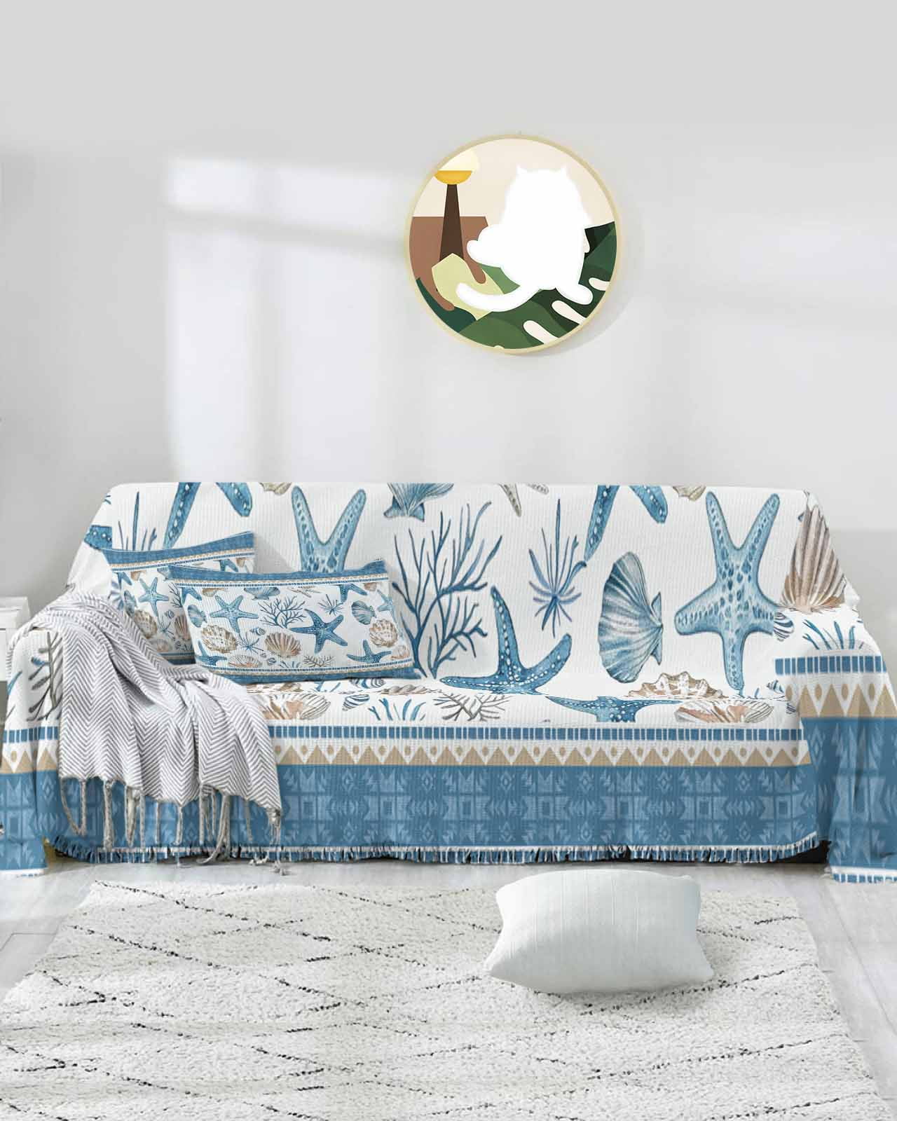 Blue Coastal Starfish Sofa Covers for 3 Cushion,Washable Couch Cover ...