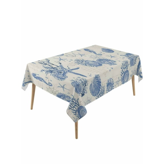 Blue Coastal Starfish Table Cloth, Beach Ocean Nautical Shells Conch ...