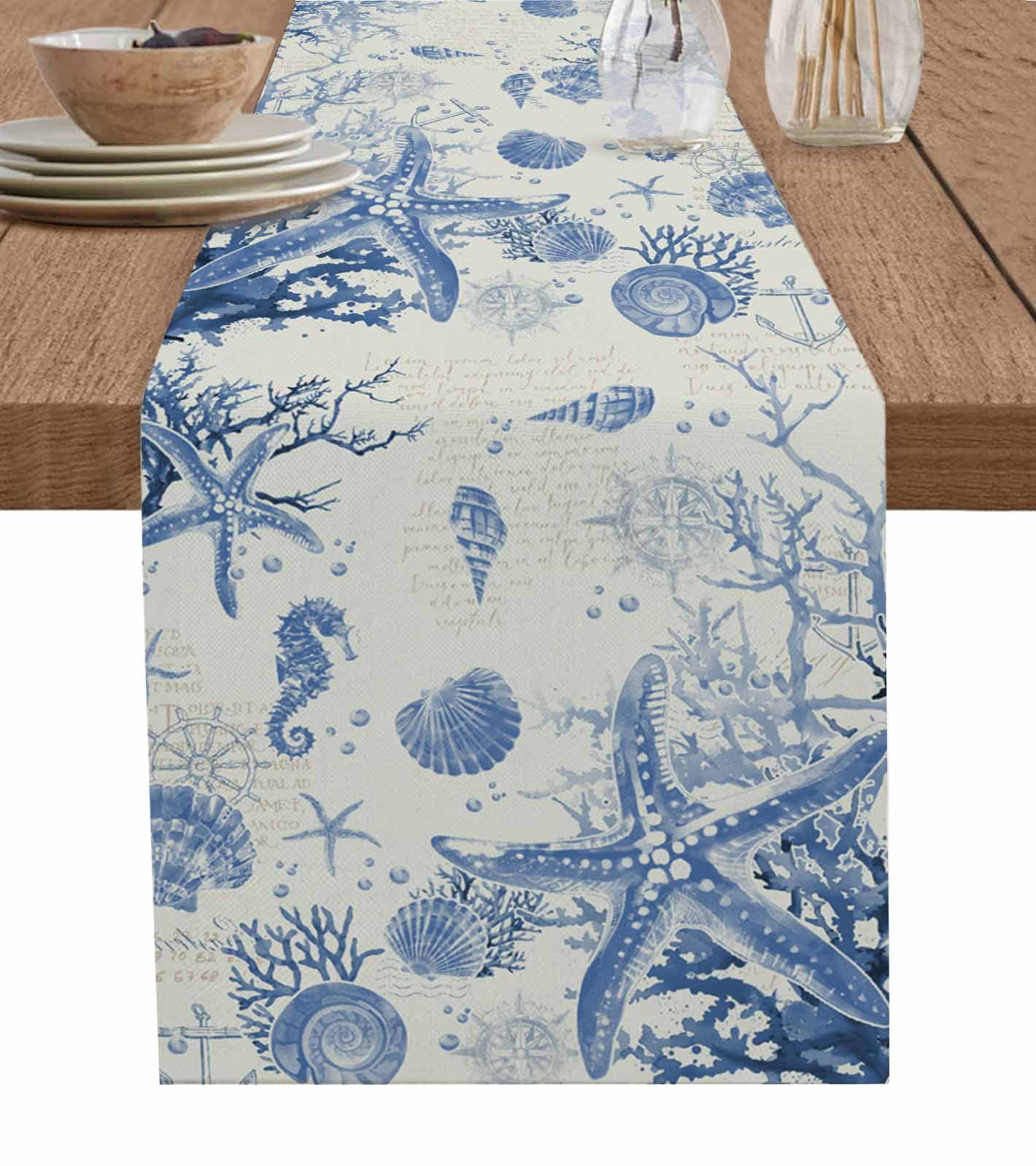 Blue Coastal Starfish Table Runner 70 Inches, Beach Ocean Nautical ...