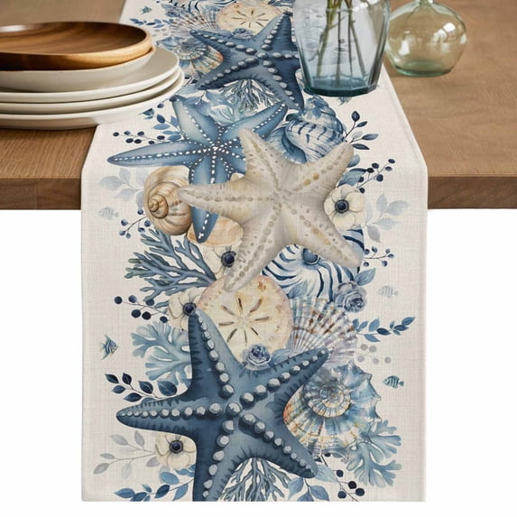 Blue Coastal Starfish Table Runner, Beach Nautical Shell Eucalyptus ...
