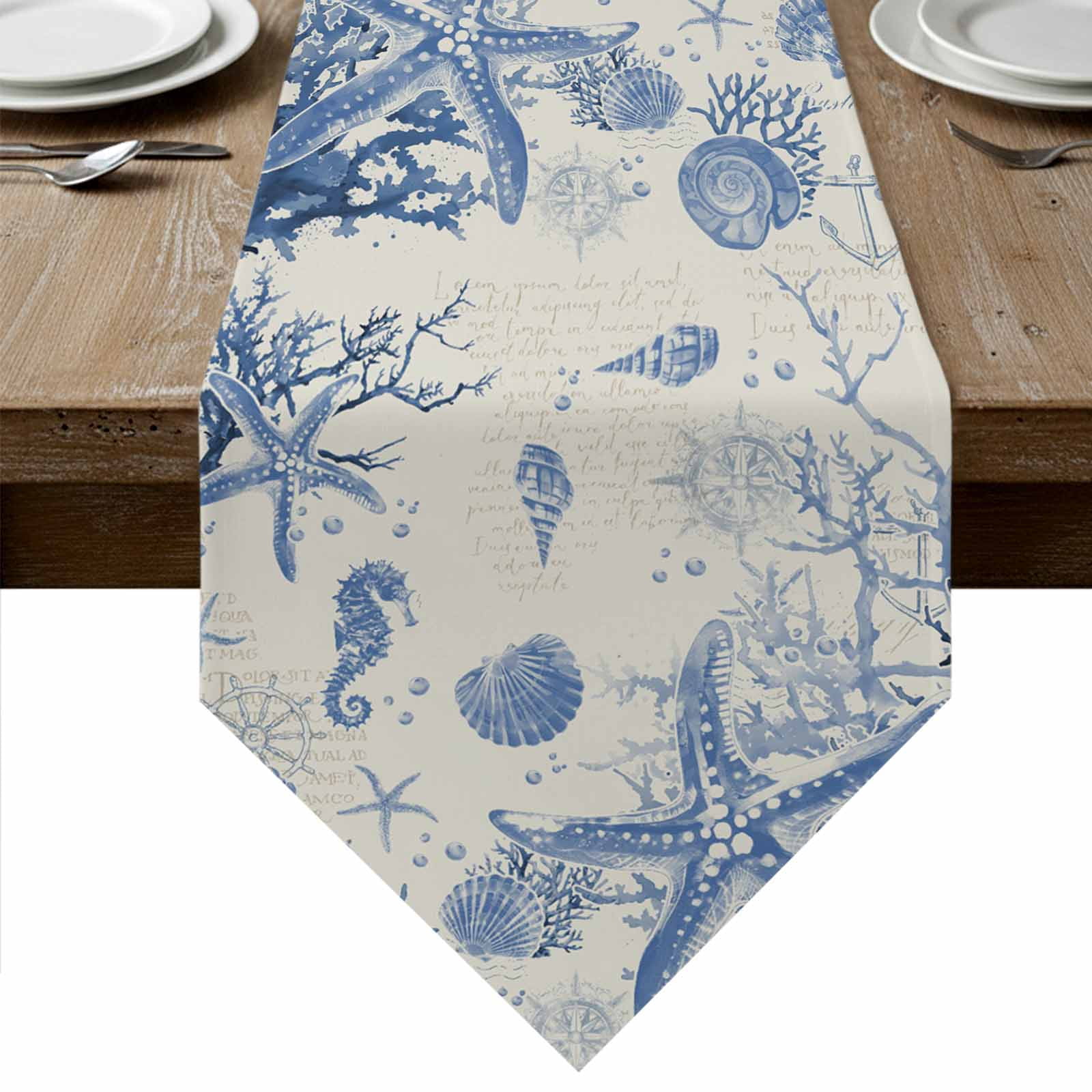 Blue Coastal Starfish Table Runner Linen Burlap Table Runner 108 Inches ...