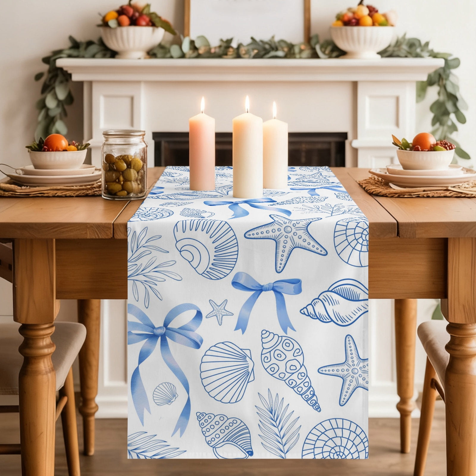 Blue Coastal Starfish Table Runner, Seashells Coral Ribbon Nautical ...