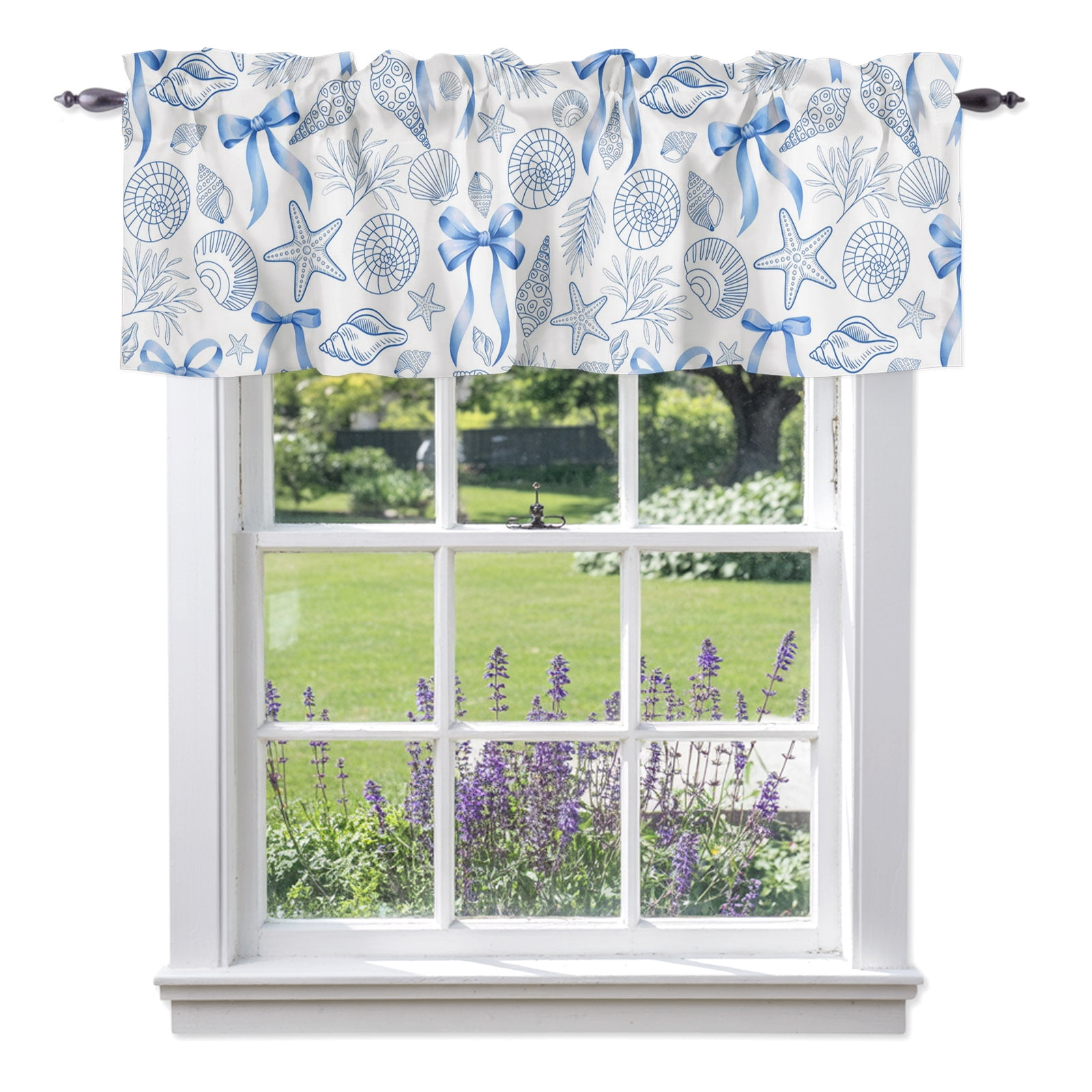 Blue Coastal Starfish Valances for Windows Seashells Coral Ribbon ...