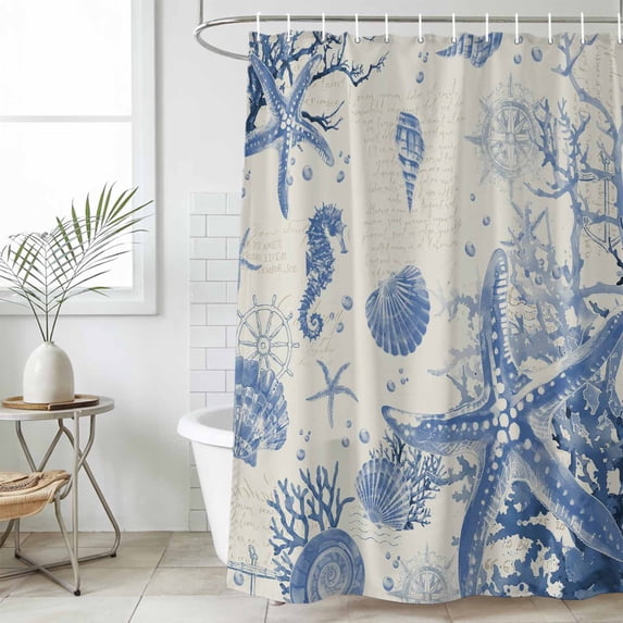 Blue Coastal Starfish Waterproof Fabric Shower Curtain,Beach Ocean ...