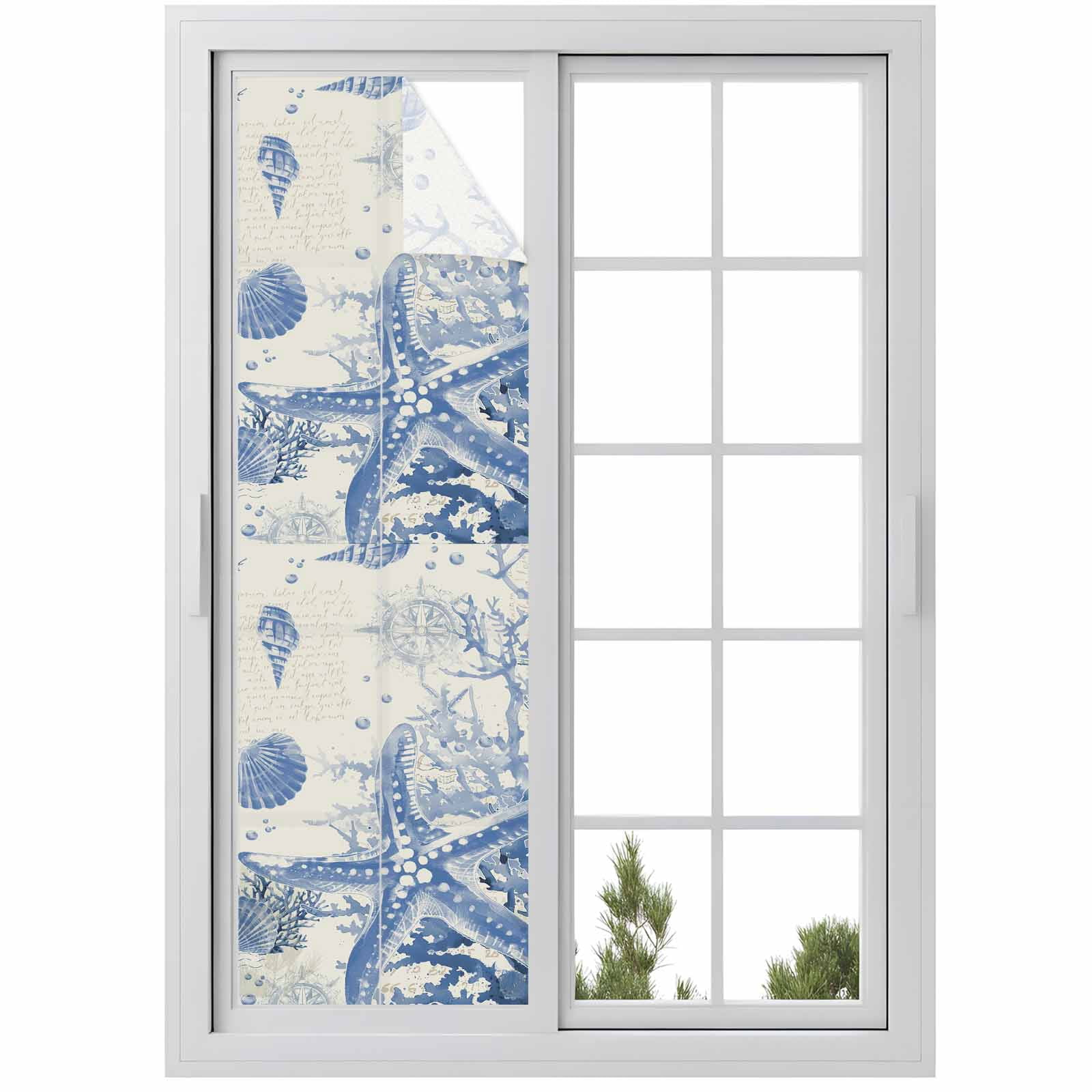 Blue Coastal Starfish Window Privacy Film, Beach Ocean Nautical Shells ...