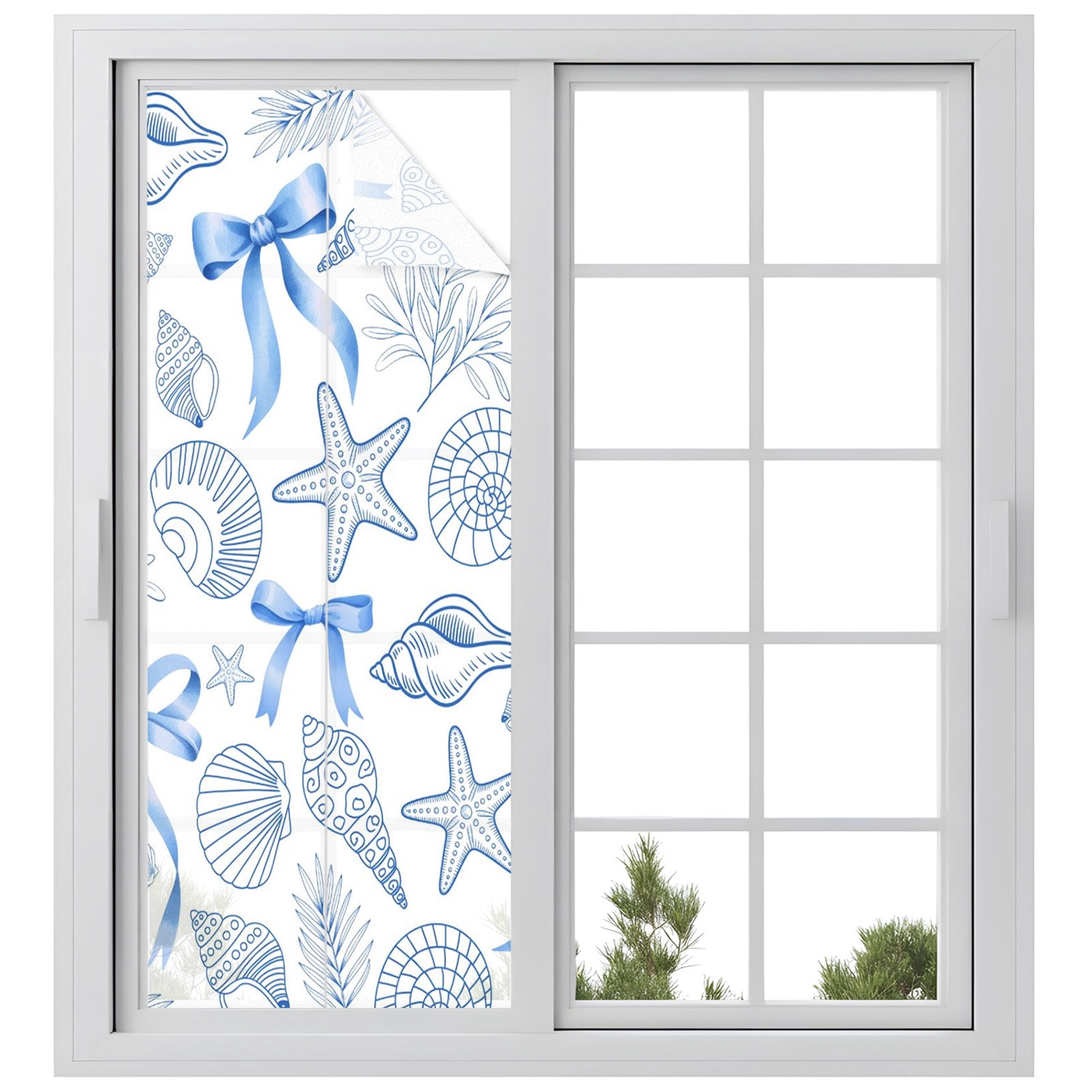 Blue Coastal Starfish Window Privacy Film, Seashells Coral Ribbon ...