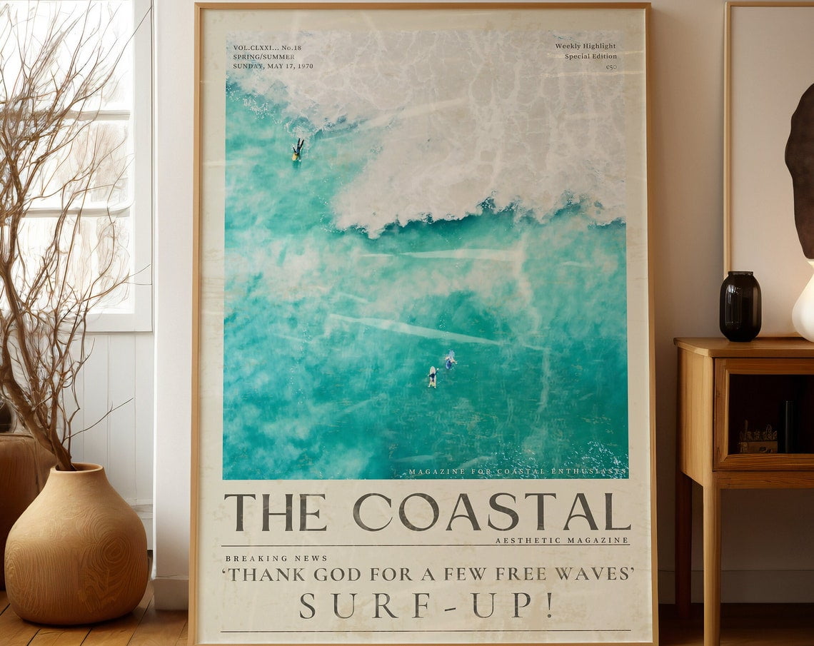 Blue Coastal Surf Up Cowgirl Wall Art, Vintage 70'S Newspaper Print ...