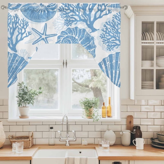 Blue Coastal Swag Curtain Valance for Windows, Beach Starfish Nautical ...