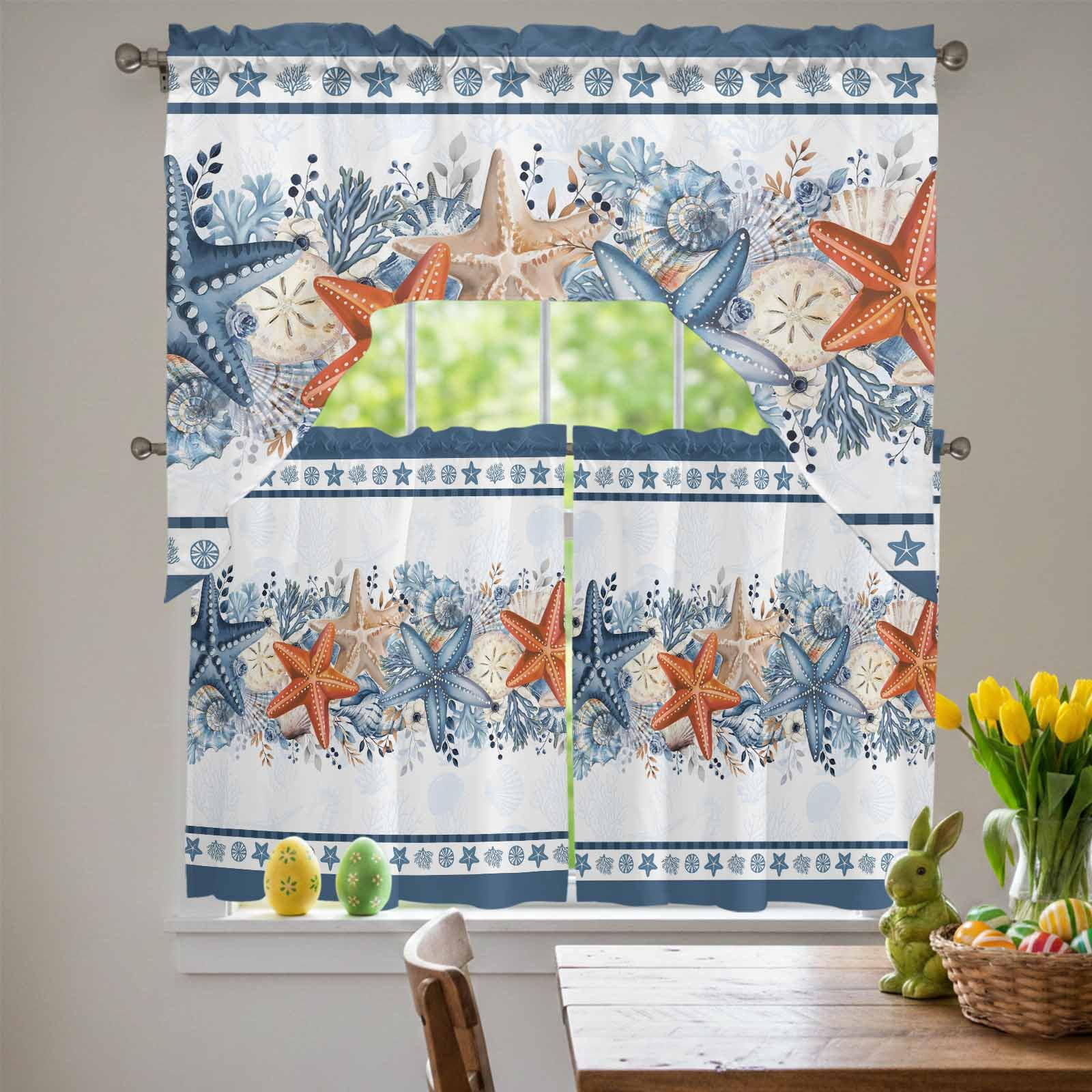 Blue Coastal Swag Curtains Valance & Tier Set, Orange Starfish Coral ...