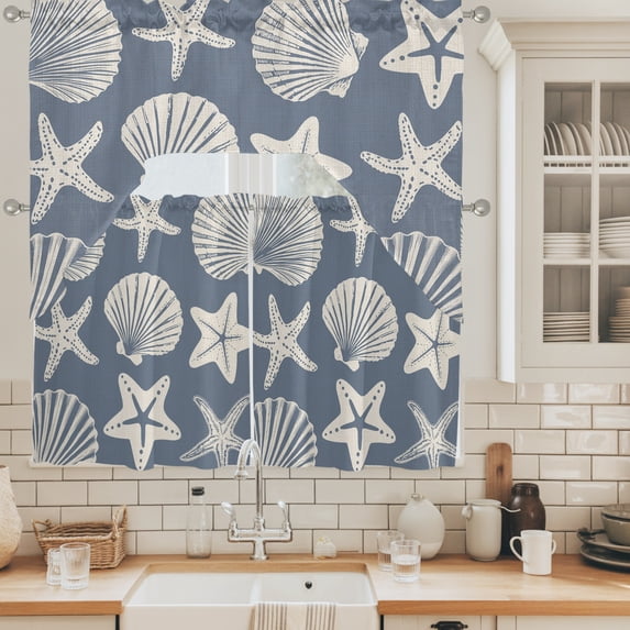 Blue Coastal Swag Curtains Valance and Tier Set, Starfish Shell Ocean ...