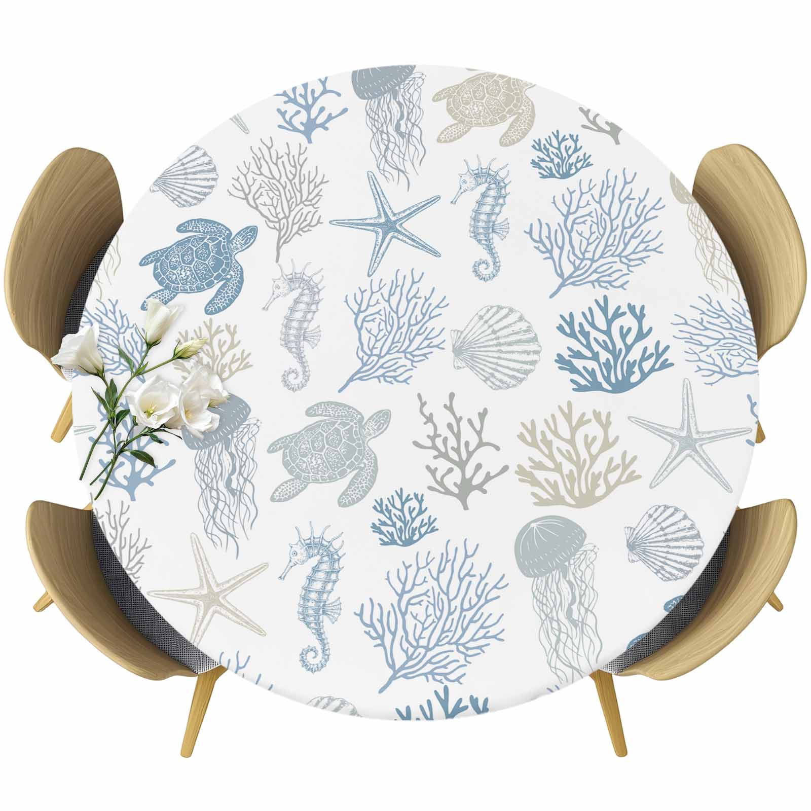 Blue Coastal Table Cloth, Round Fitted Tablecloths with Elastic Edge ...